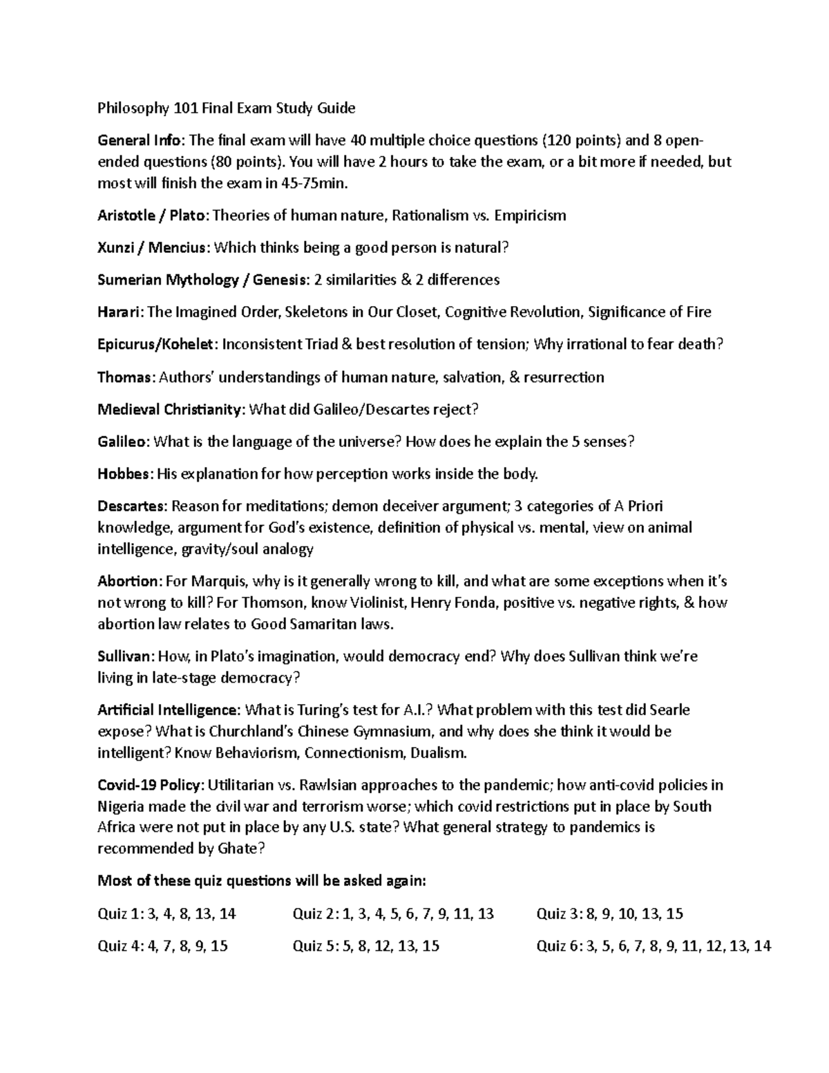 Philosophy 101 Final Exam Comprehensive Study Guide & Review - Studocu