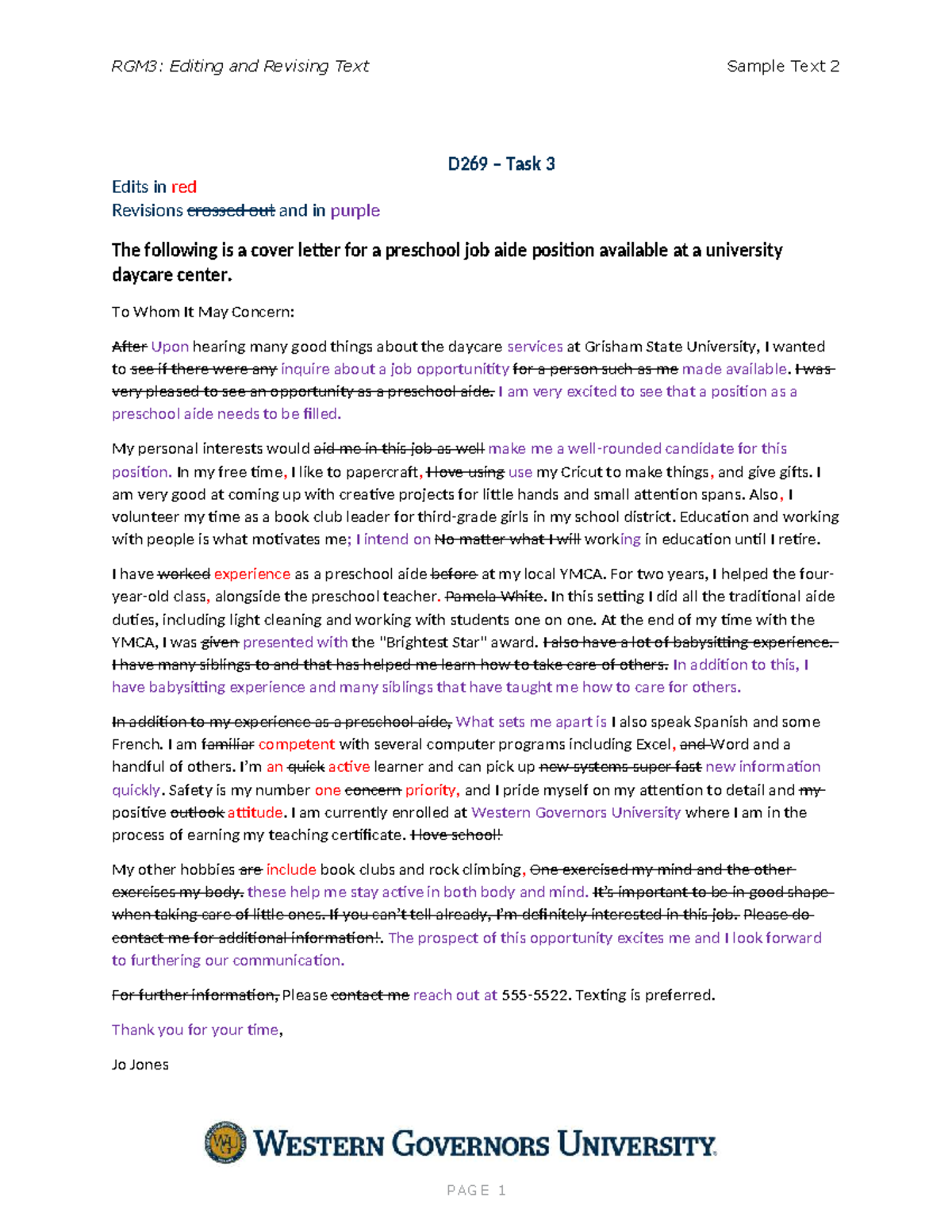 RGM3 D269 Task 3: Cover Letter for Preschool Aide Position - Studocu