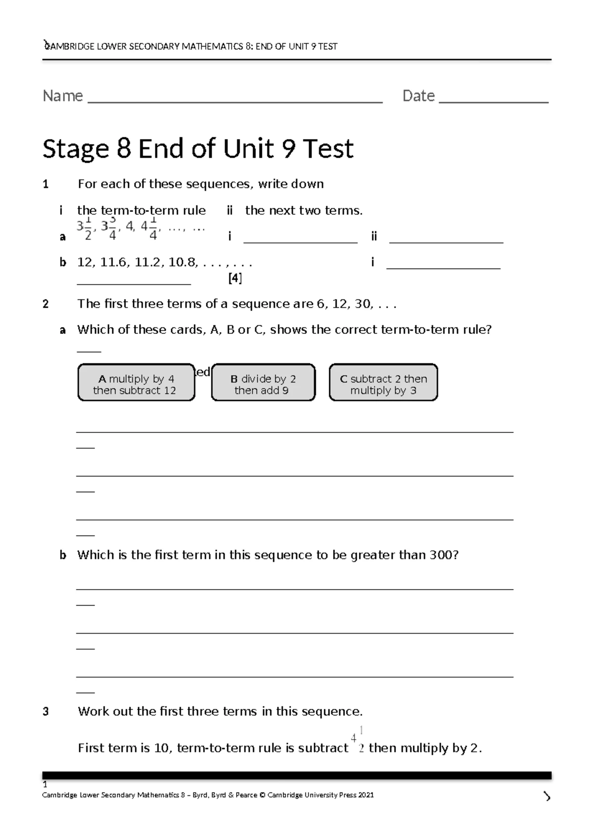 CAMBRIDGE LOWER SECONDARY MATHEMATICS 8: UNIT 11 TEST - Studocu