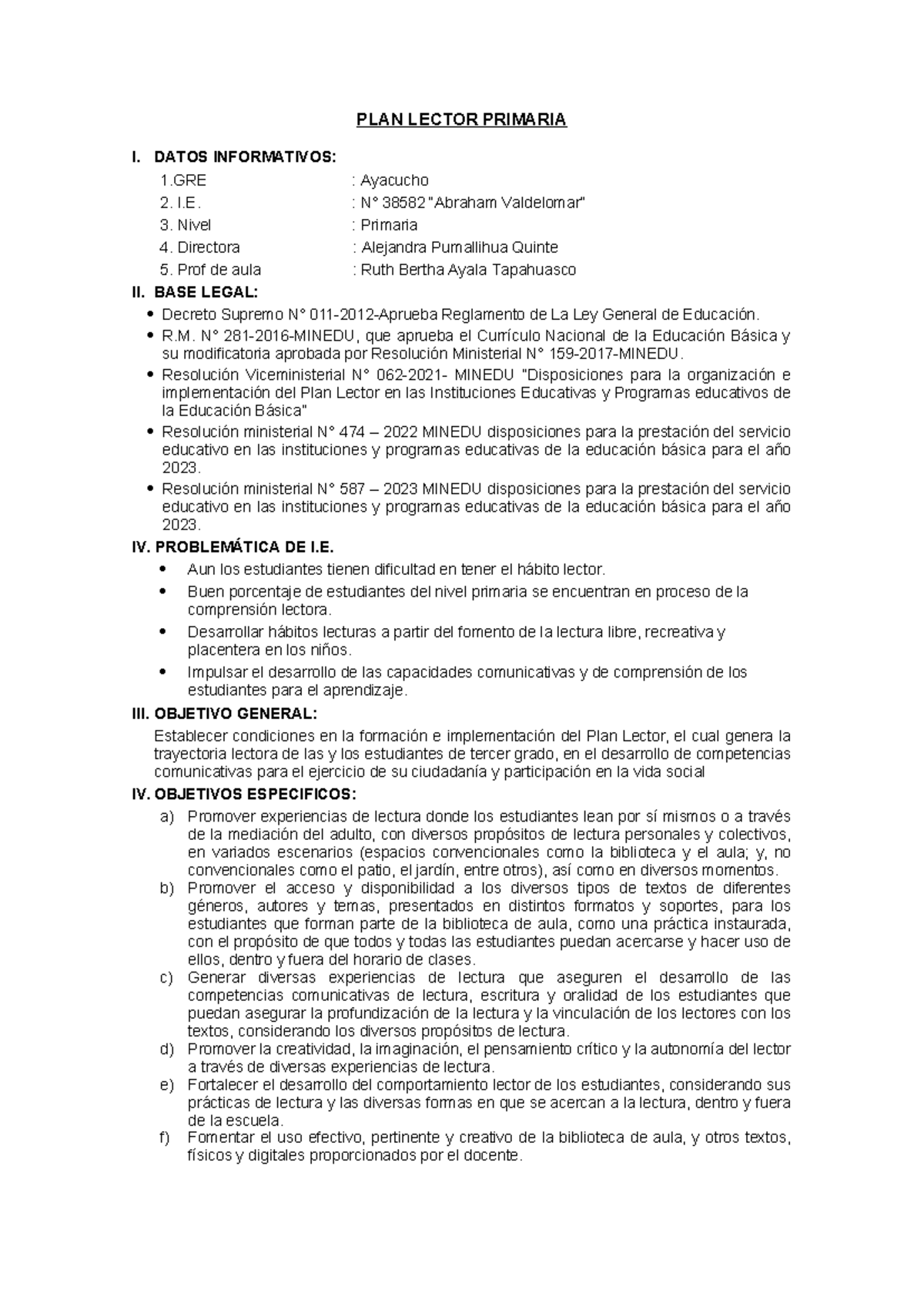 PLAN LECTOR PRIMARIA I: Estrategias y Objetivos para el 2023 - Studocu