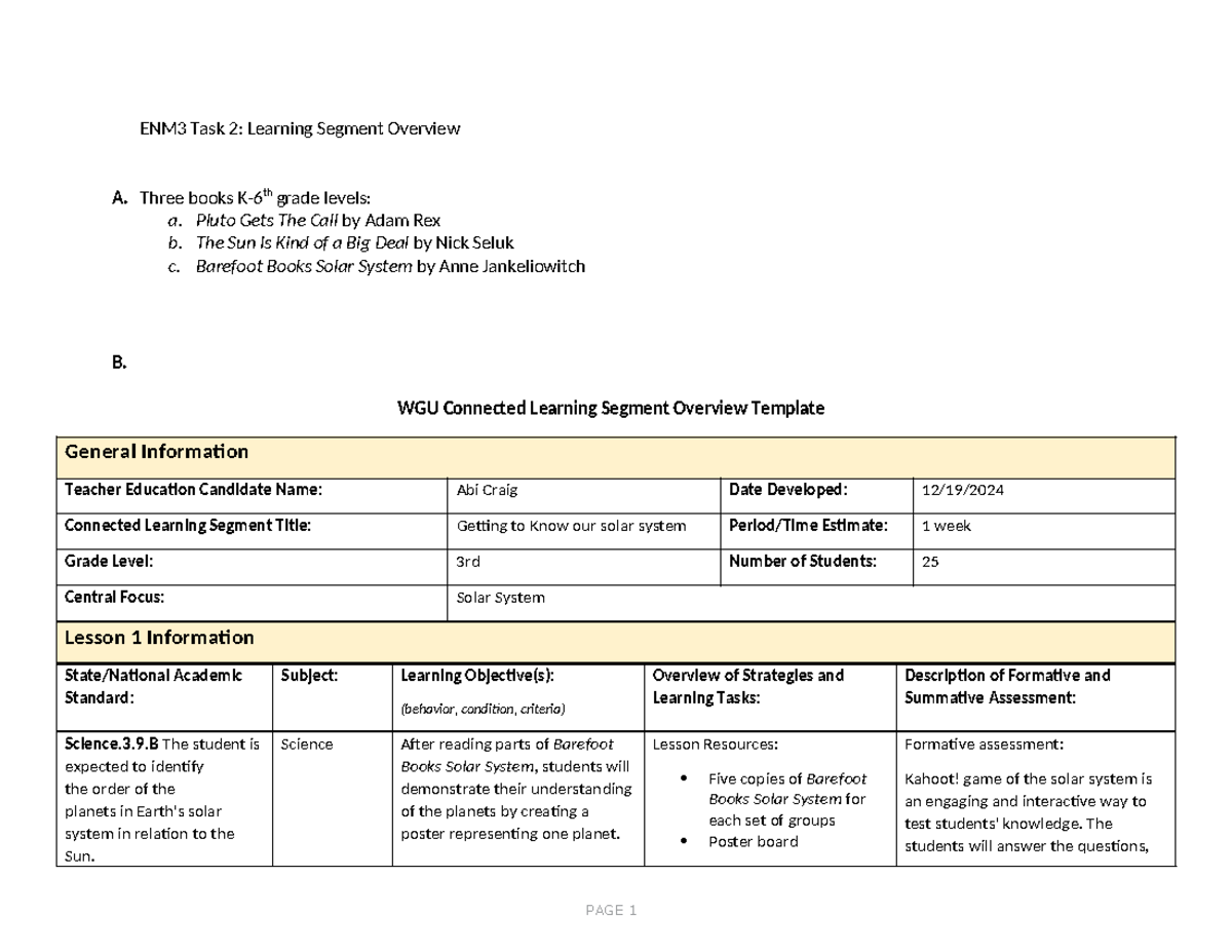 ENM3 Task 2 Learning Segment Overview revised - ENM3 Task 2: Learning Segment Overview A. Three ...