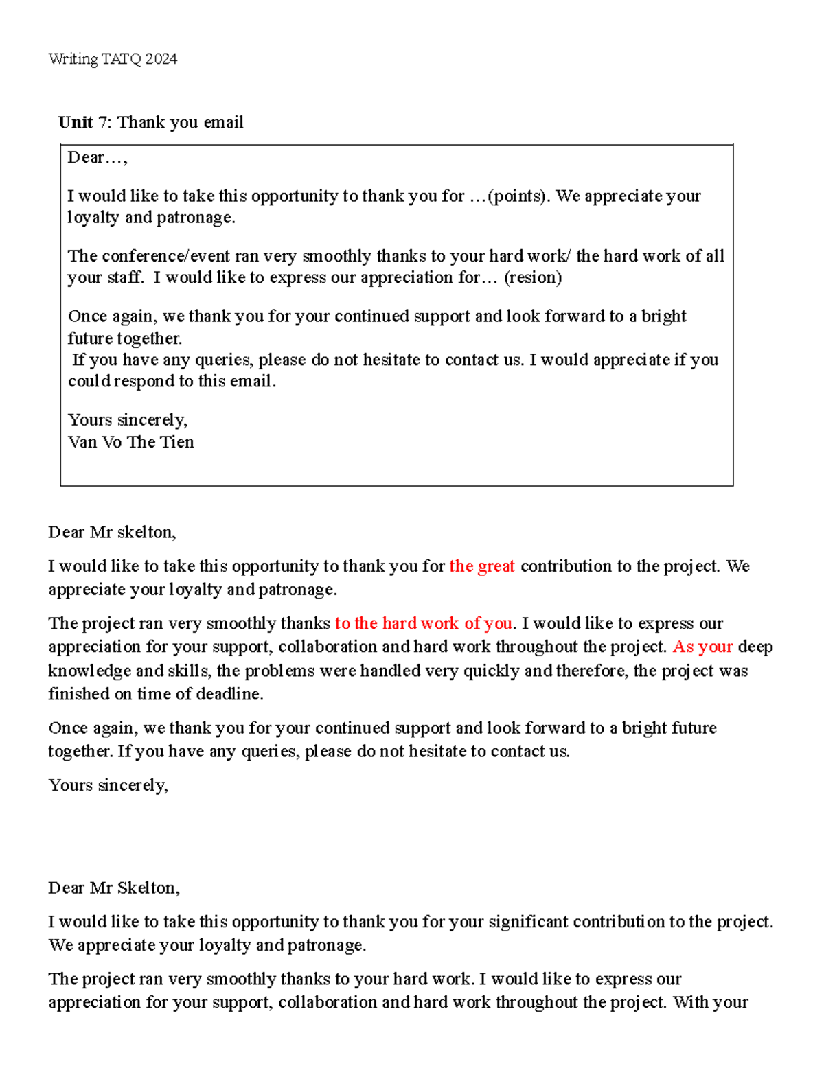 Writing TATQ 2024 Unit 7: Thank You Email Template - Studocu