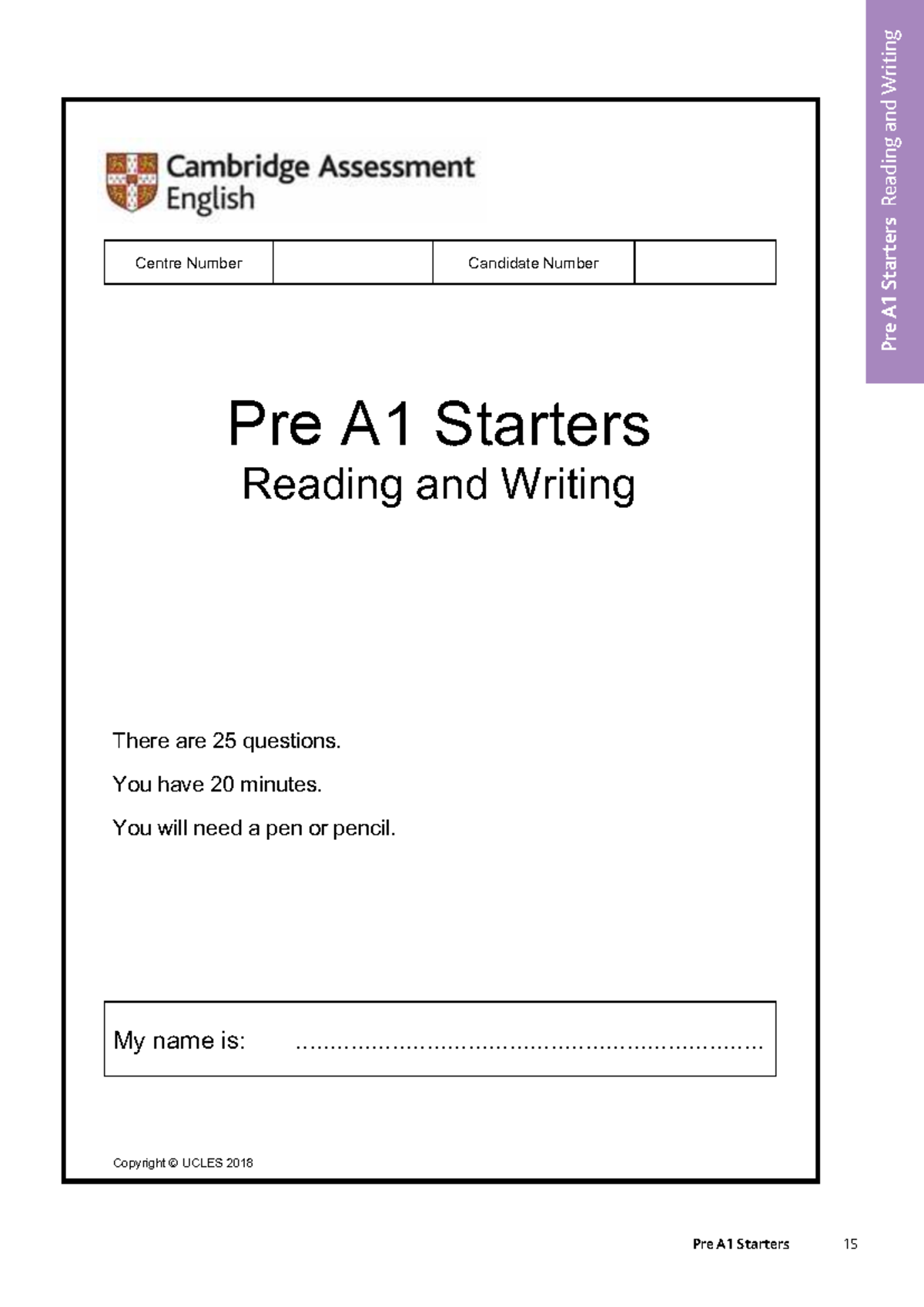 Pre A1 Starters Reading and Writing Practice - RW A1 - Studocu
