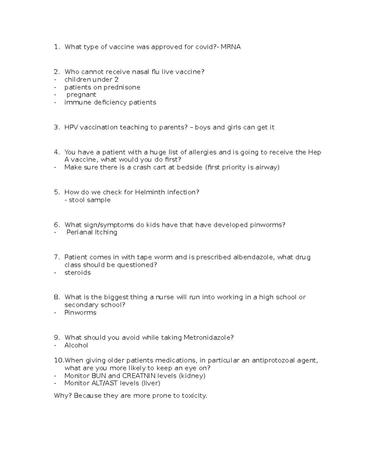 Pharm 202: Final Exam Study Notes on Vaccines and Medications - Studocu