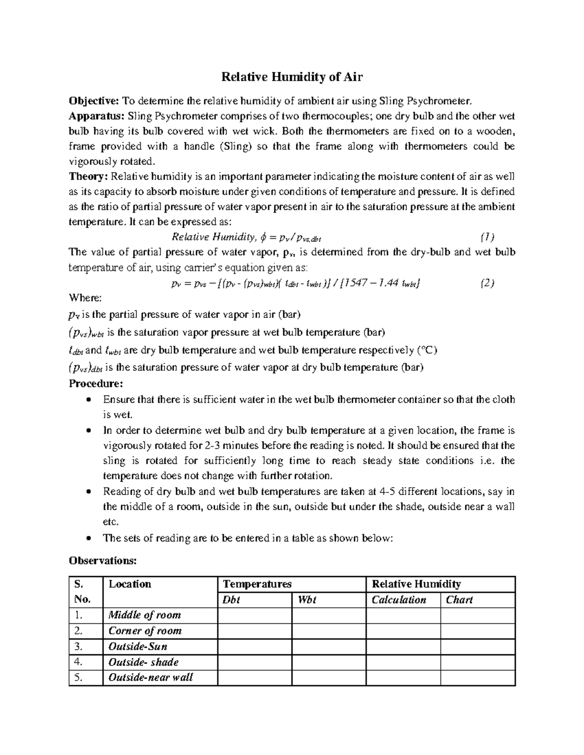 Relative Humidity & Air Conditioning Lab Manual (ET 480) - Studocu