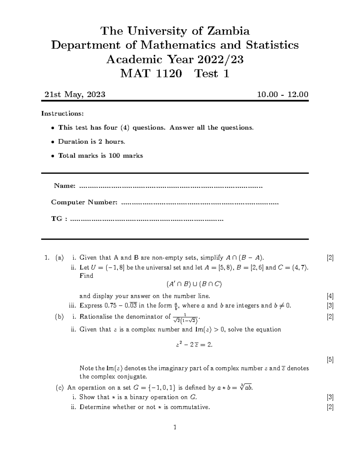 MAT 1120 Test 1 Solutions - Academic Year 2022/23 - Studocu