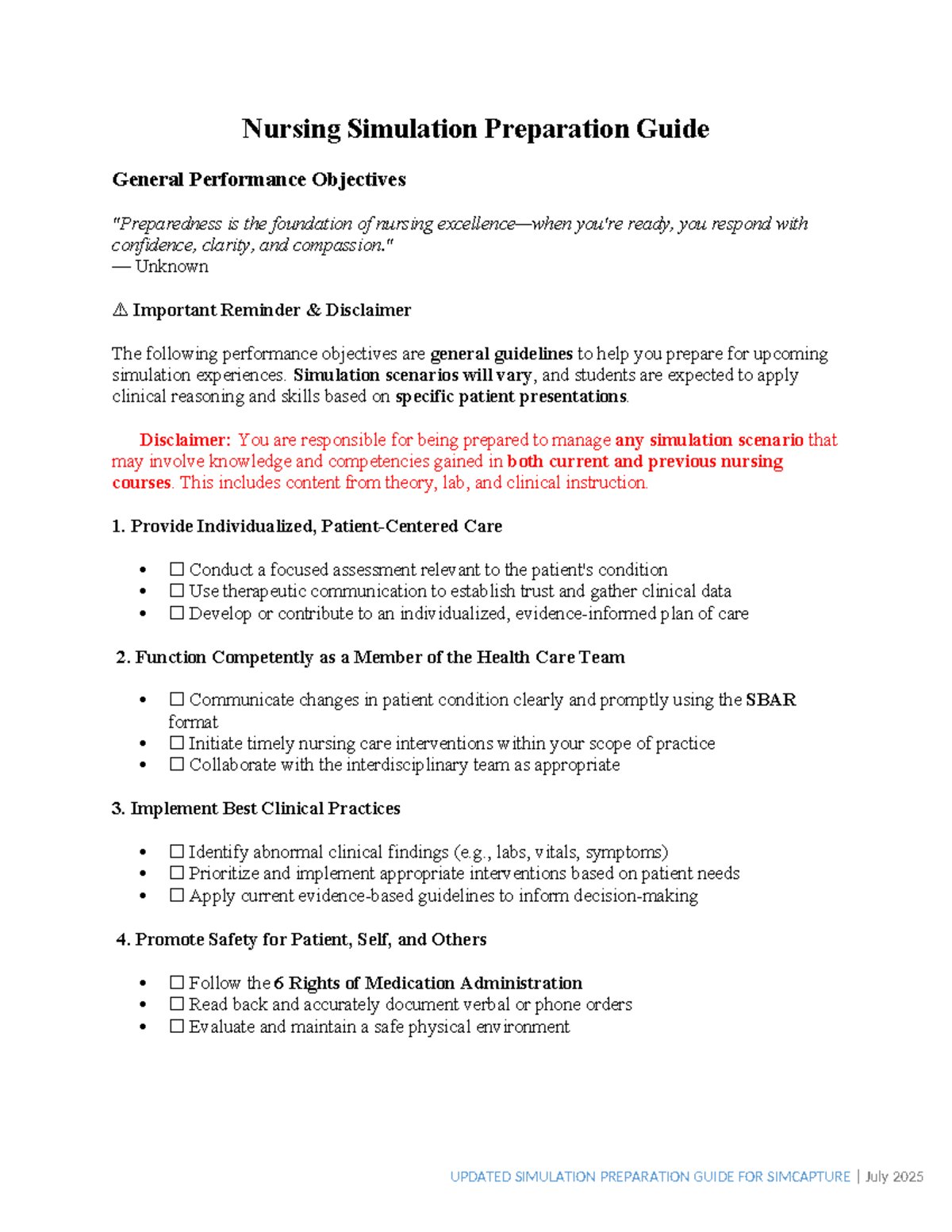 Nursing Simulation Prep Guide: General Performance Objectives - Studocu
