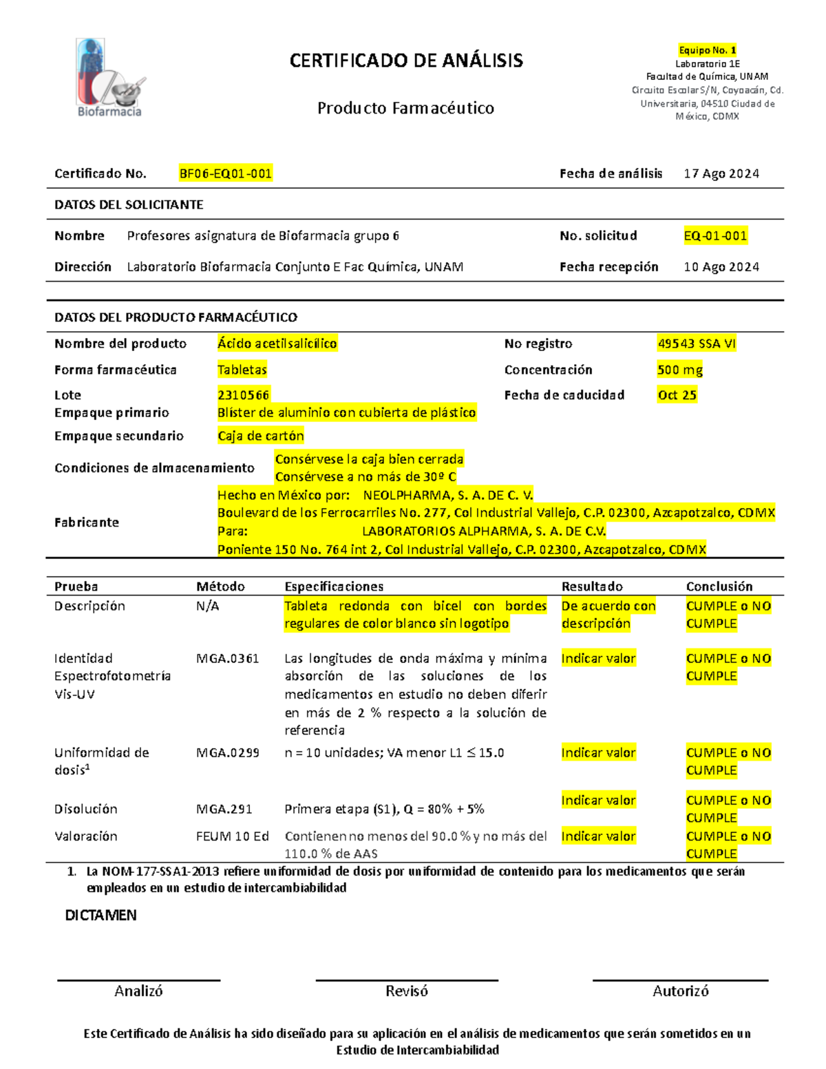 Certificado de Análisis del Producto Farmacéutico - Biofarmacia EQ-01 ...