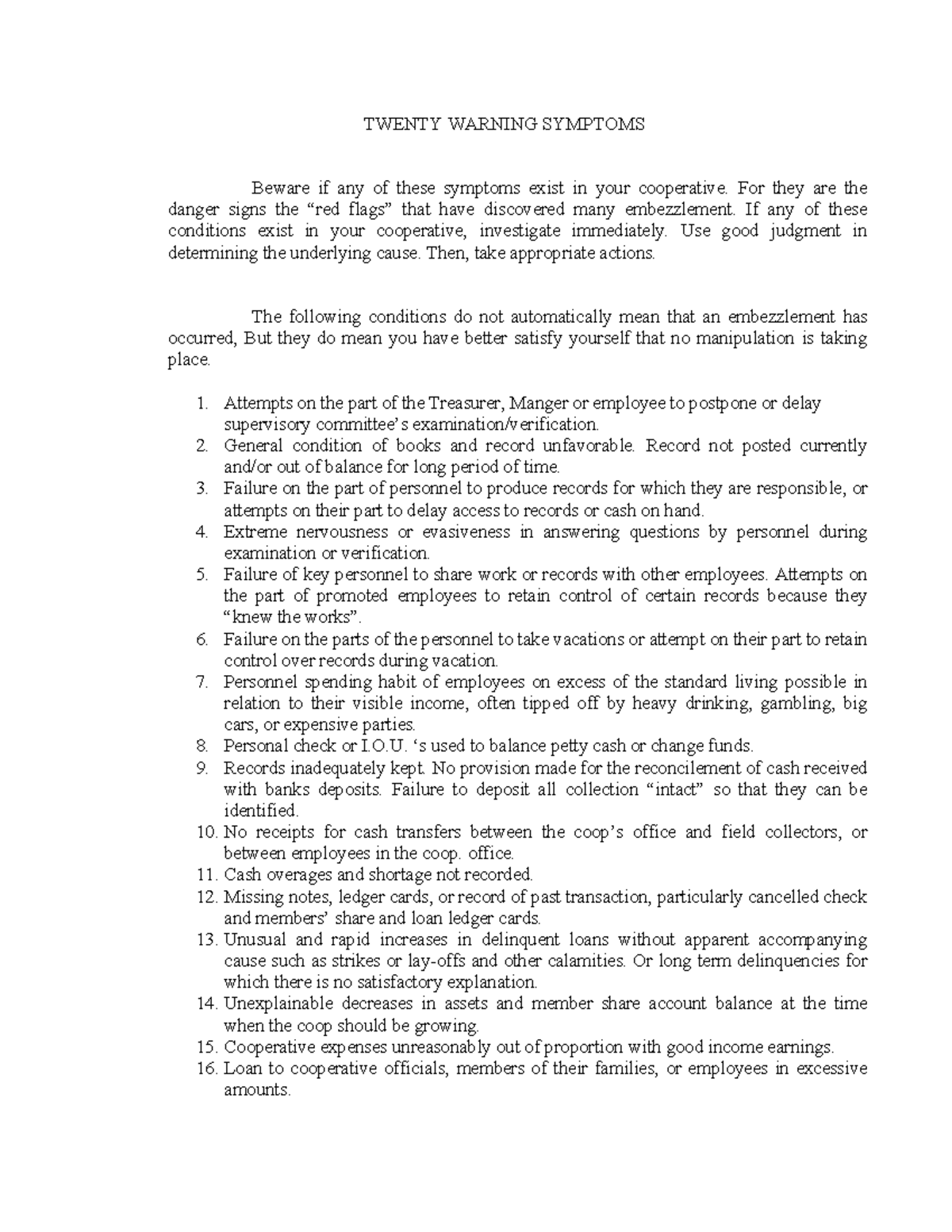 TWENTY WARNING SYMPTOMS OF EMBEZZLEMENT IN COOPERATIVES - Studocu