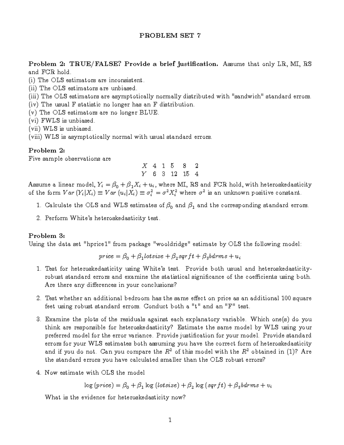 Ps7 - Assignment: OLS and WLS estimators with heteroskedasticity ...