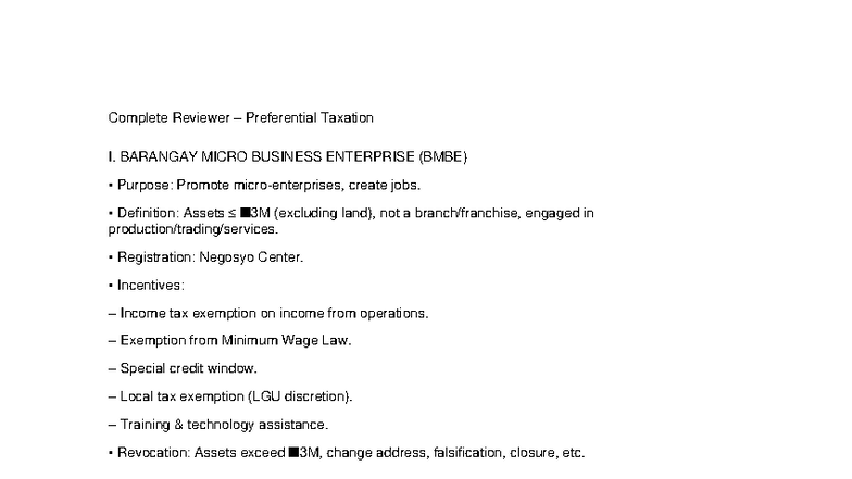 Complete Reviewer on Preferential Taxation I: BMBE & Corporations - Studocu