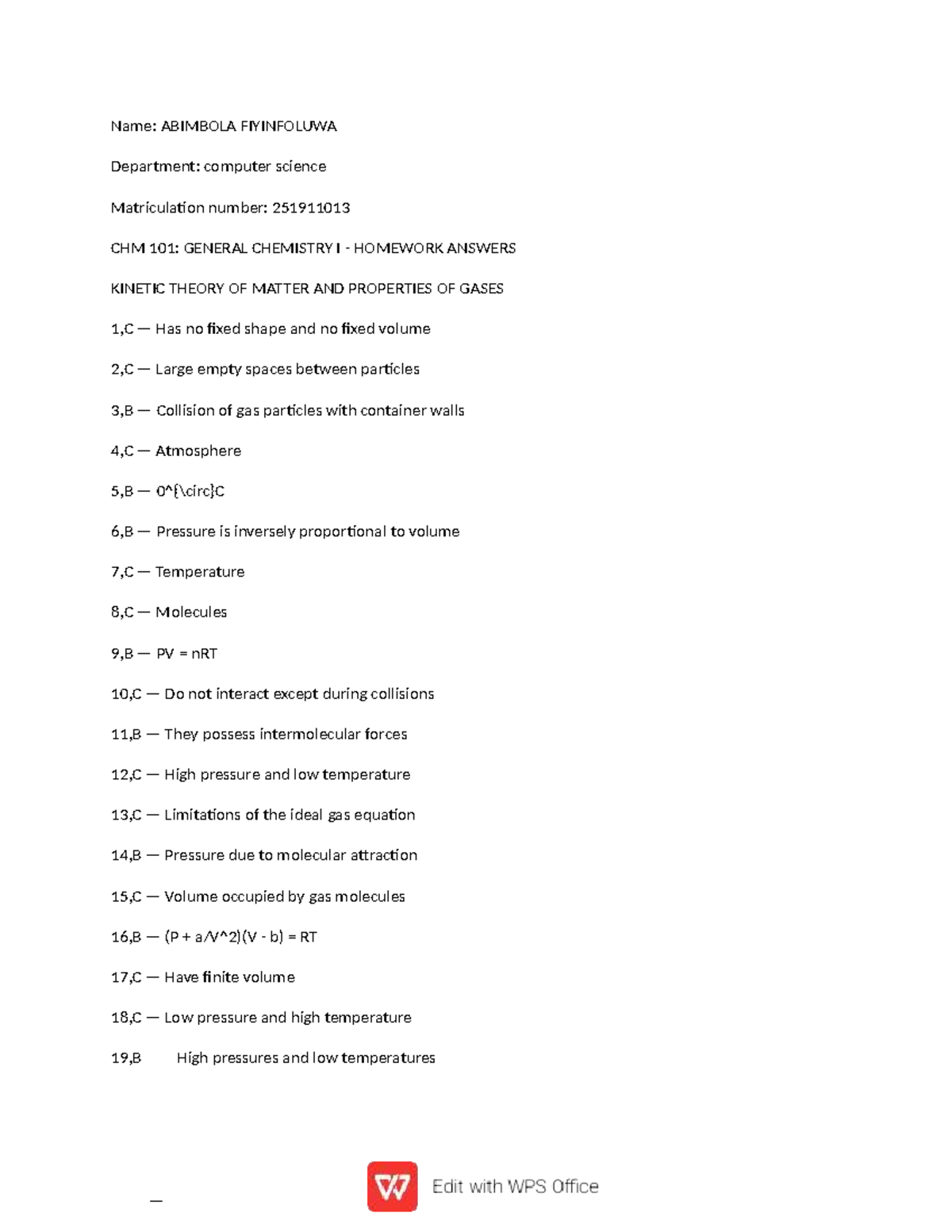 CHM 101: General Chemistry I Homework Answers on Kinetic Theory ...