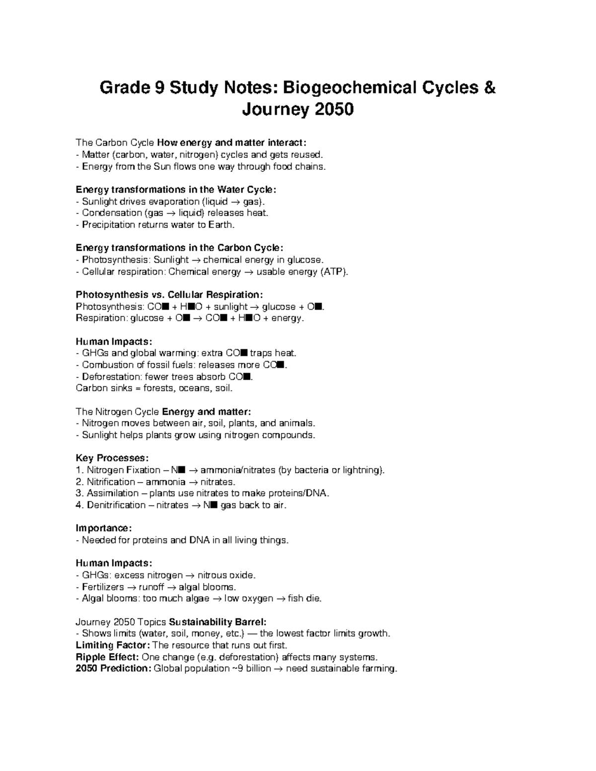 Grade 9 Study Notes: Biogeochemical Cycles Overview - Studocu