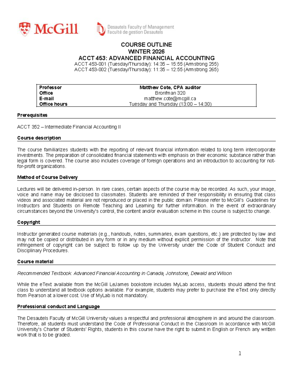 ACCT 453 Course Outline: Advanced Financial Accounting Winter 2026 ...