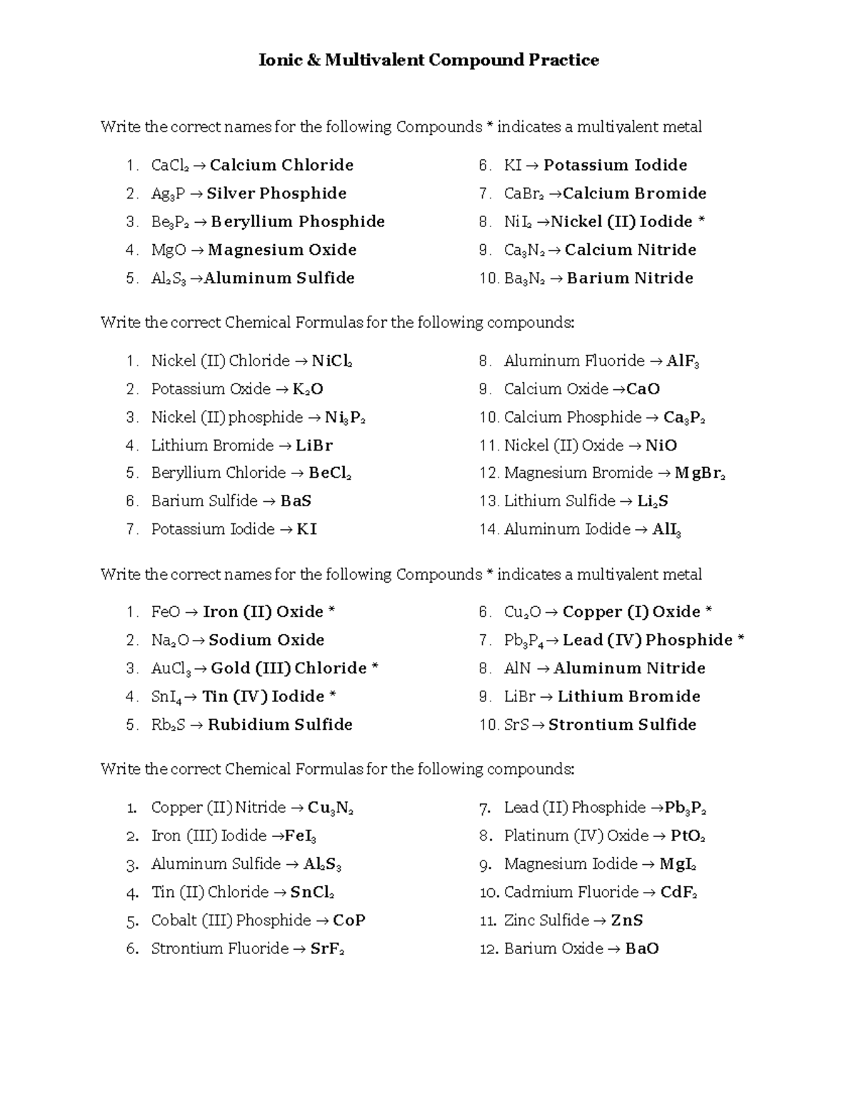 Answer Key - Practice - Ionic & Multivalent Compound Practice - Ionic ...