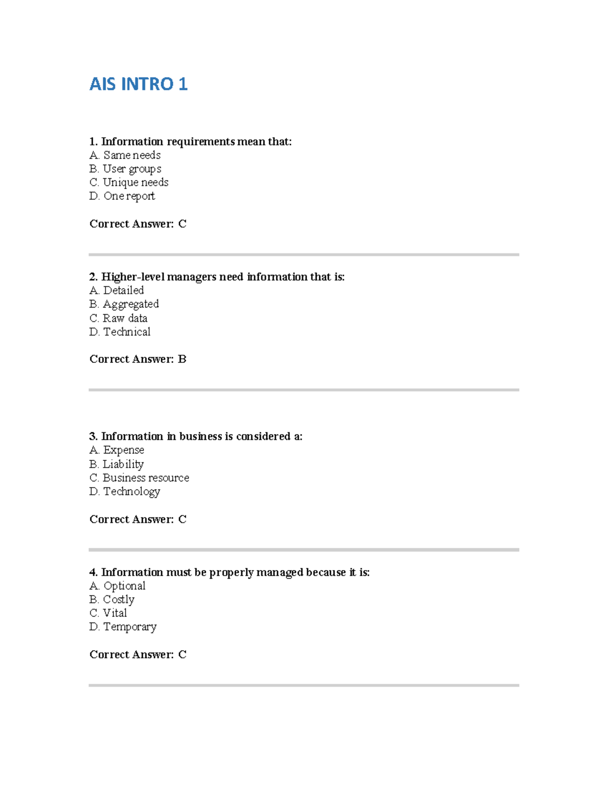 AIS INTRO 1 Practice Test: Key Concepts and Answers - Studocu