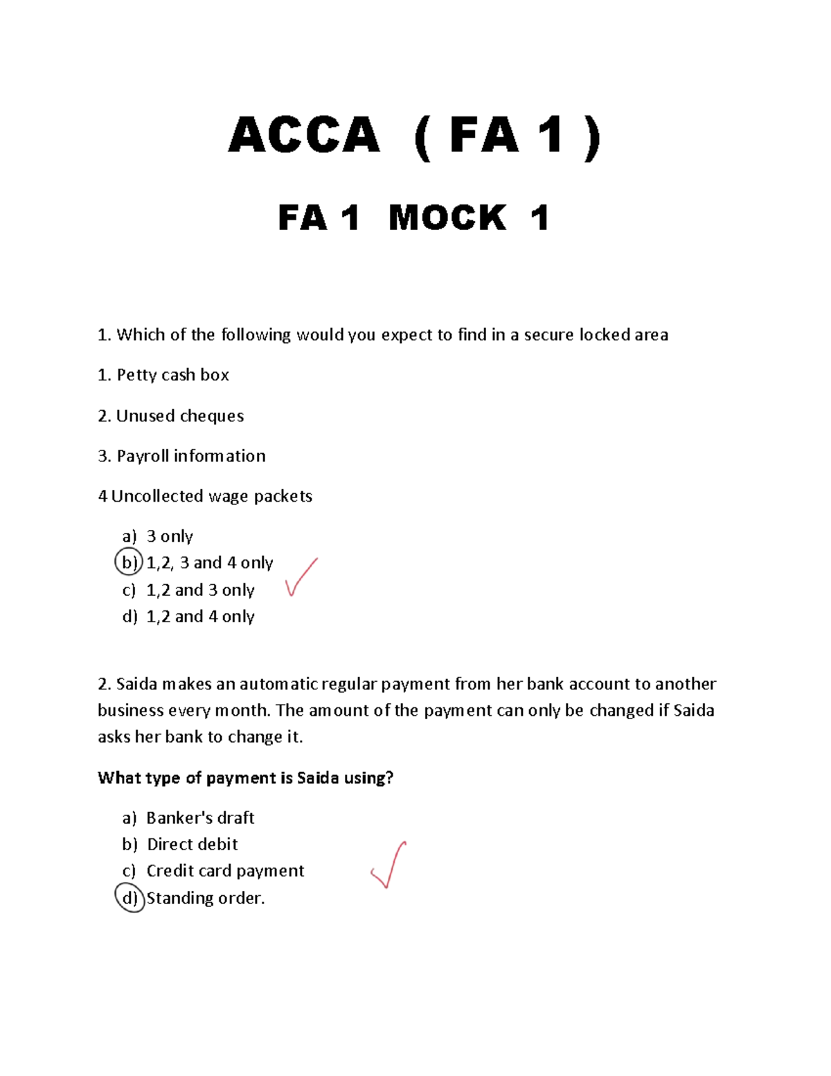 ACCA (FA 1) FA 1 MOCK 1 Practice Questions and Answers - Studocu