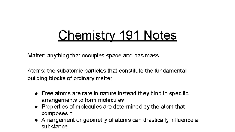 Chemistry 191: Comprehensive Notes on Matter and Energy Concepts - Studocu