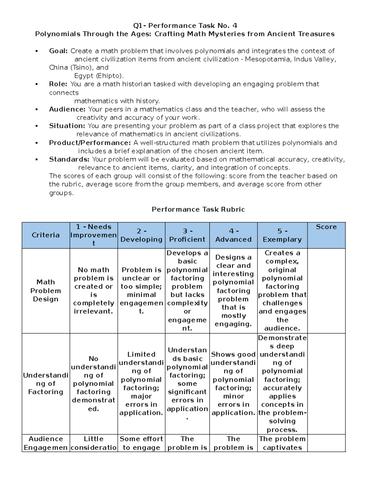 Performance Task MATH 101: Crafting Polynomial Problems from History ...
