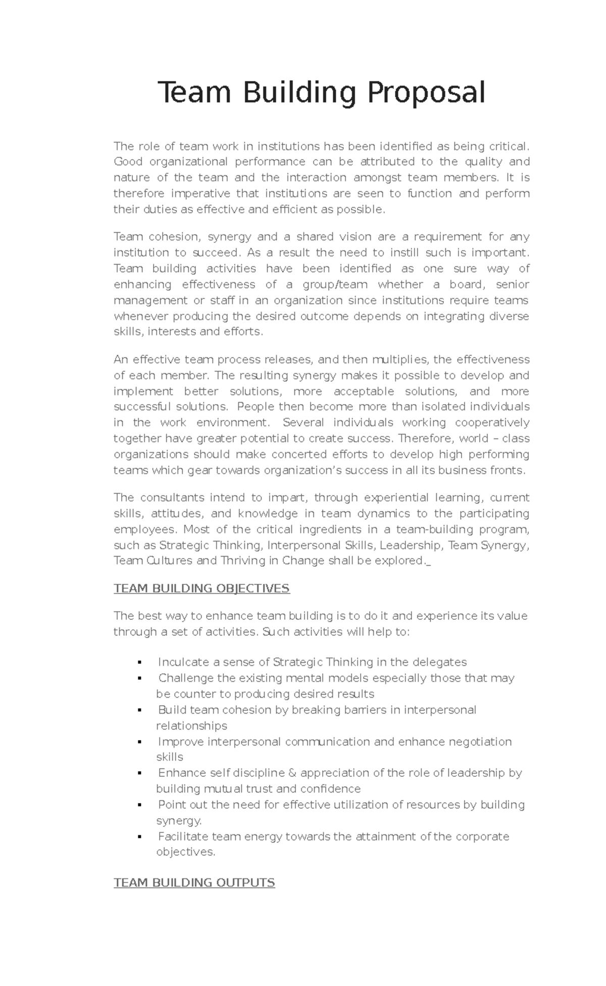 Team-Building-Proposal - Team Building Proposal The role of team work ...