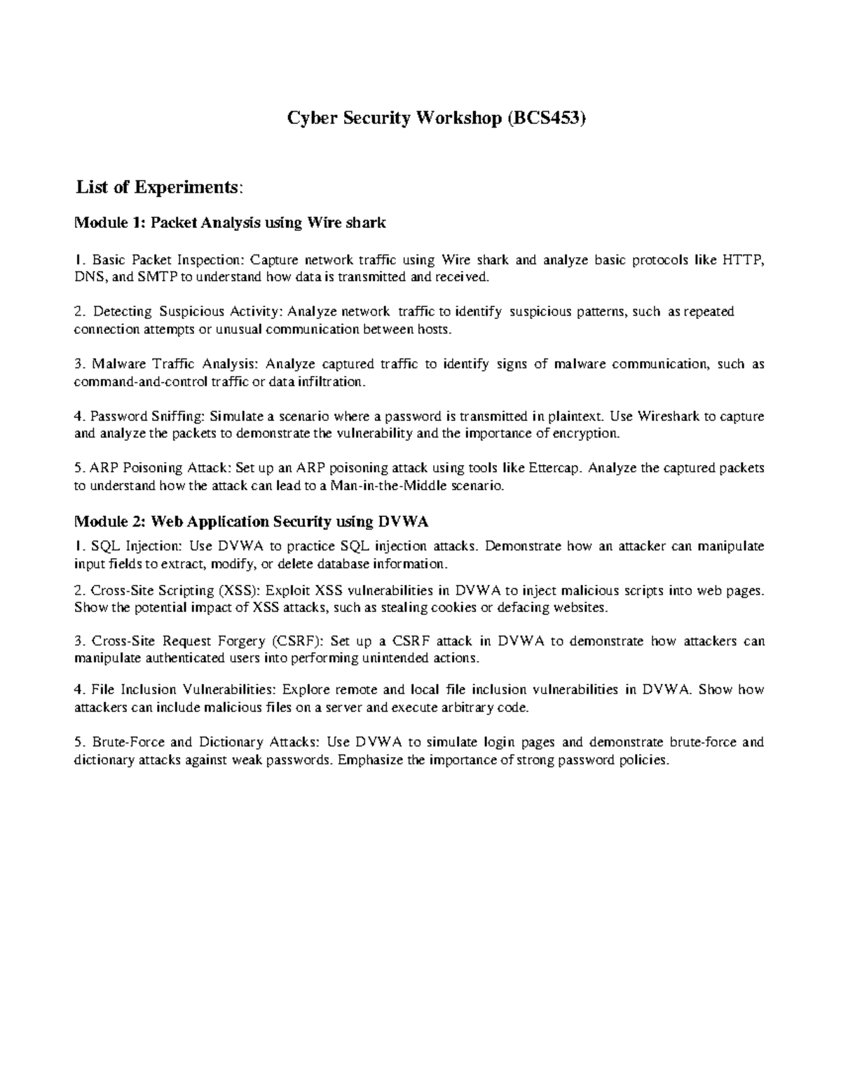 Lab Manual for Cyber Security Workshop Experiments (BCS453) - Studocu