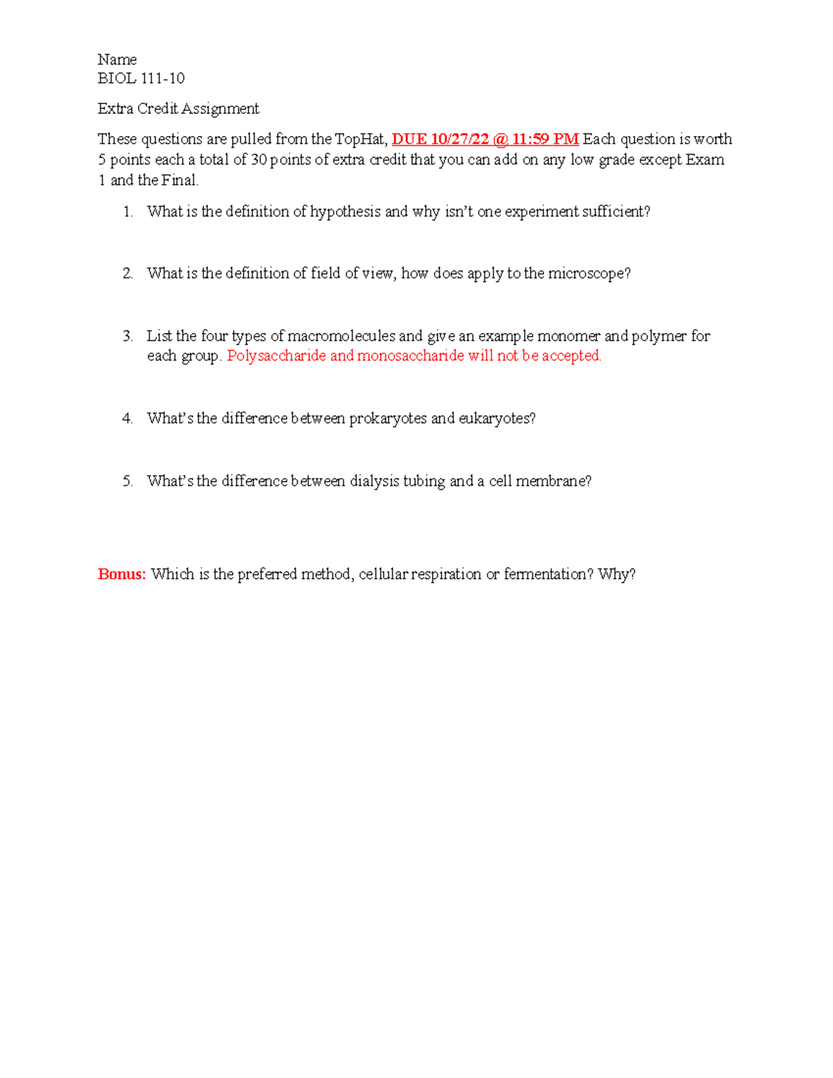 Extra Credit Assignment - Name BIOL 111- Extra Credit Assignment These ...