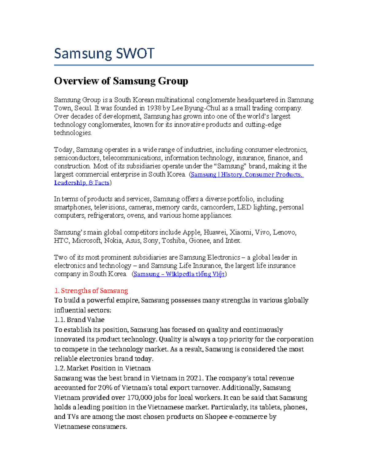Samsung SWOT Analysis: Strengths, Weaknesses, Opportunities - Studocu