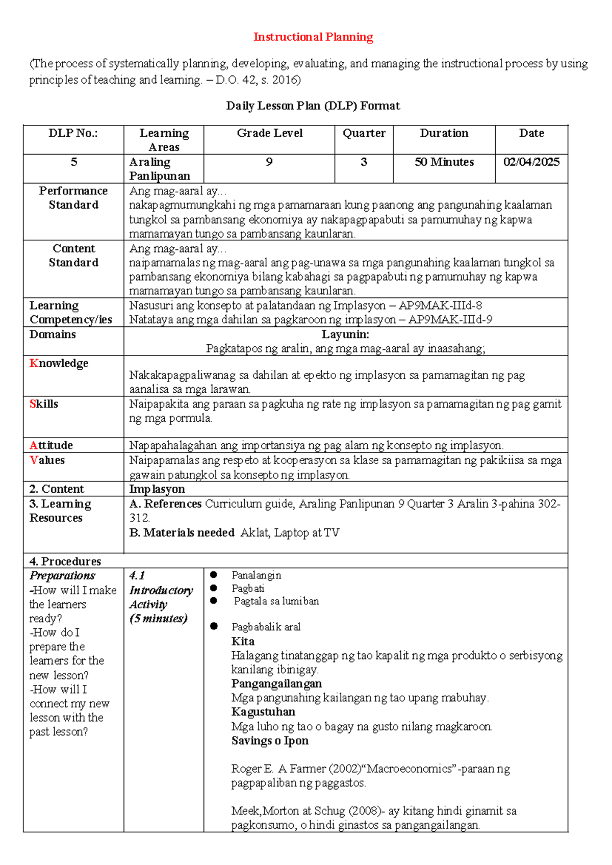 DLP Araling Panlipunan 9: Lesson Plan on Implasyon (Feb 5) - Studocu