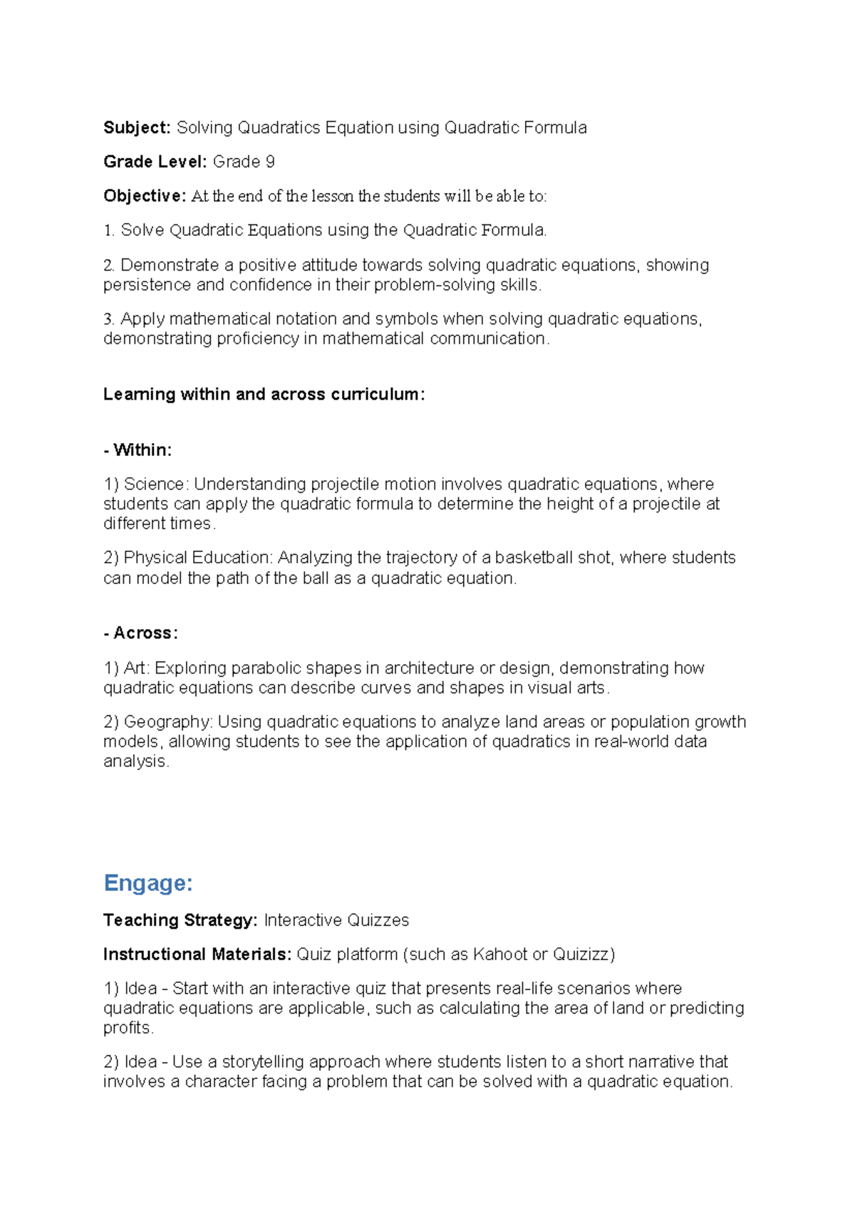 Lesson Plan: Solving Quadratic Equations with the Quadratic Formula (Grade 9) - Studocu