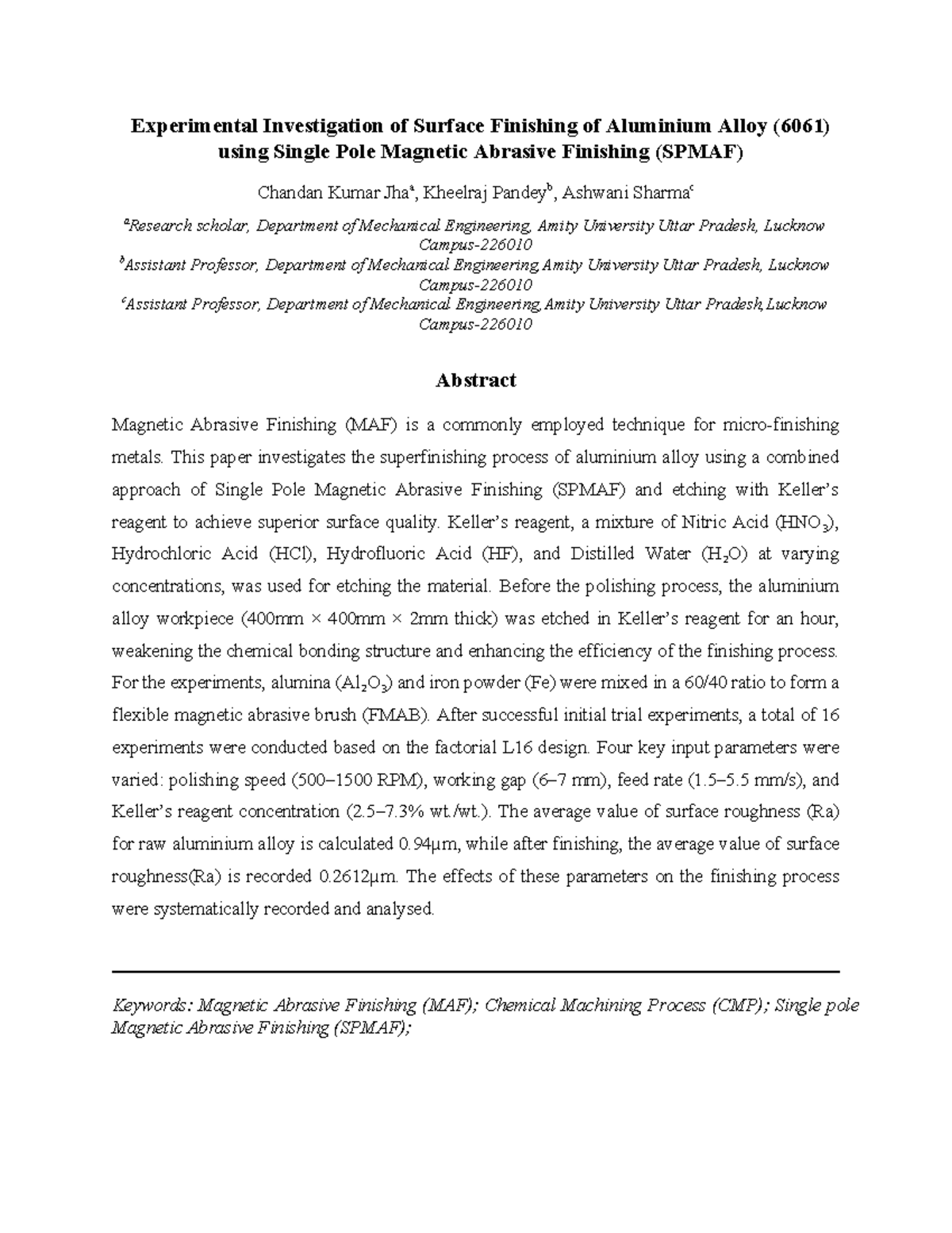 Experimental Study on SPMAF of Aluminium Alloy 6061 for Surface ...