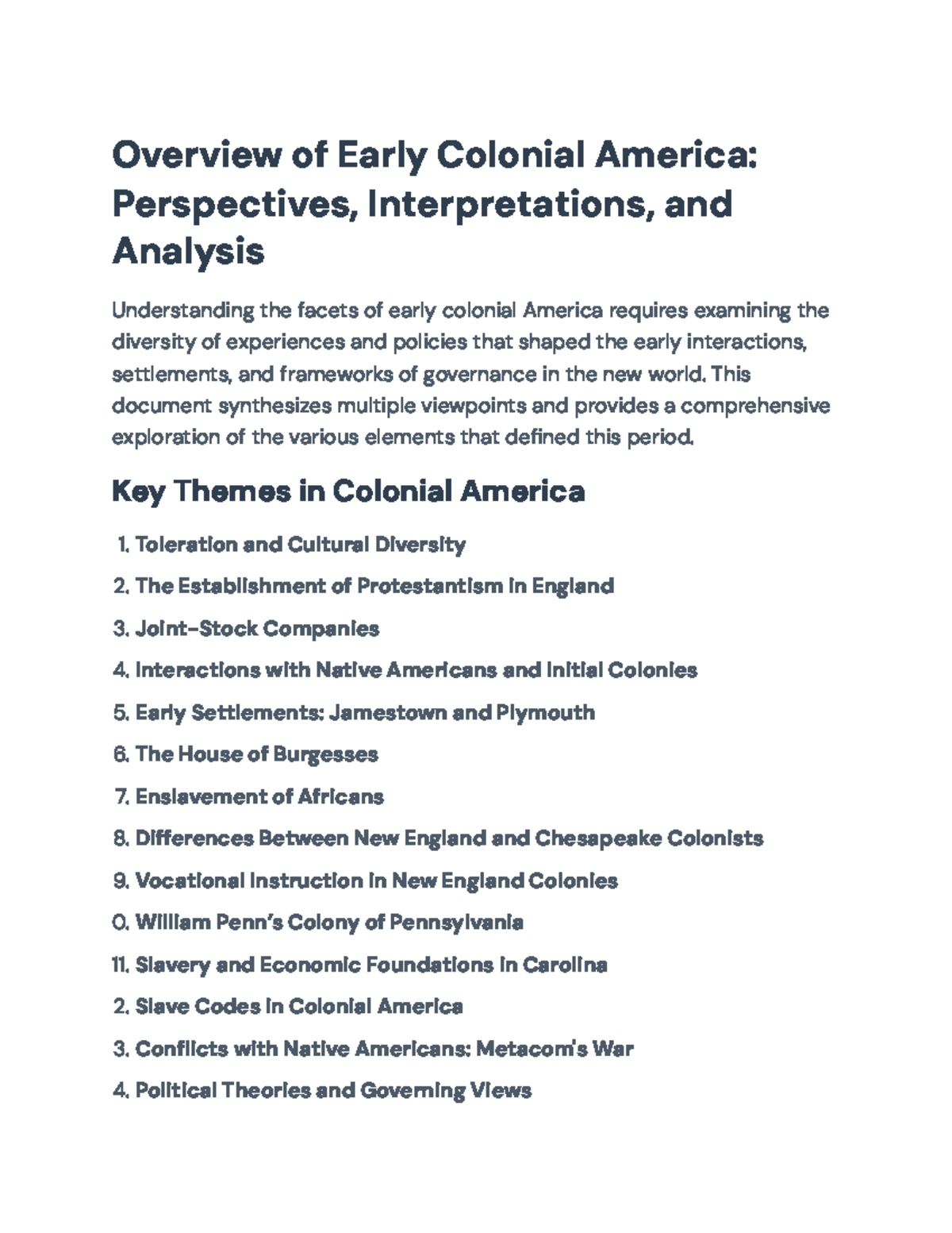 Overview of Early Colonial America: Key Themes and Interpretations ...