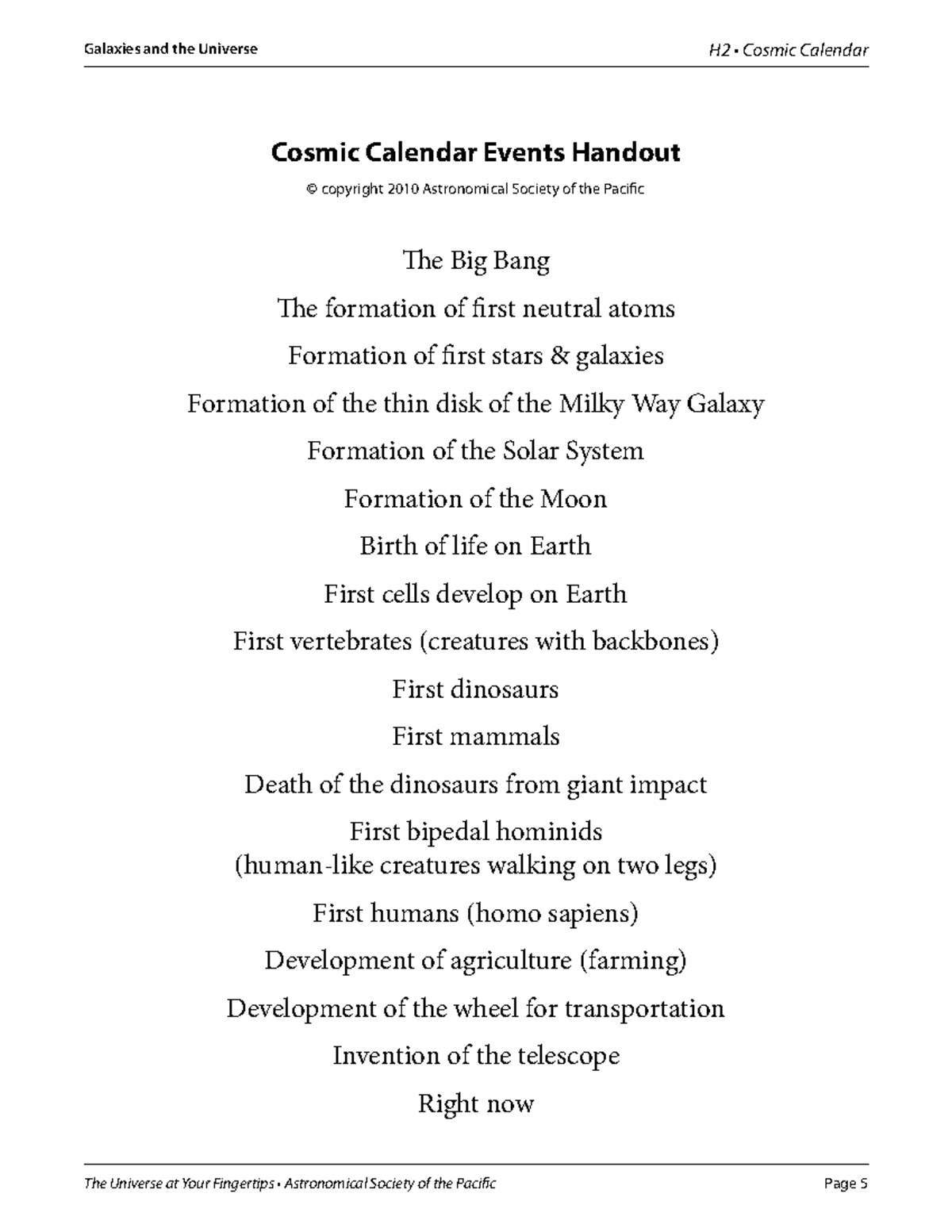 Cosmic Calendar - history - Cosmic Calendar Events Handout © copyright ...