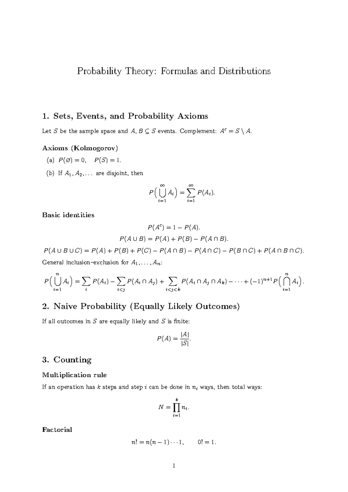 Probability Theory (Course Code: PT101) Summary: Key Formulas & Concepts - Studeersnel
