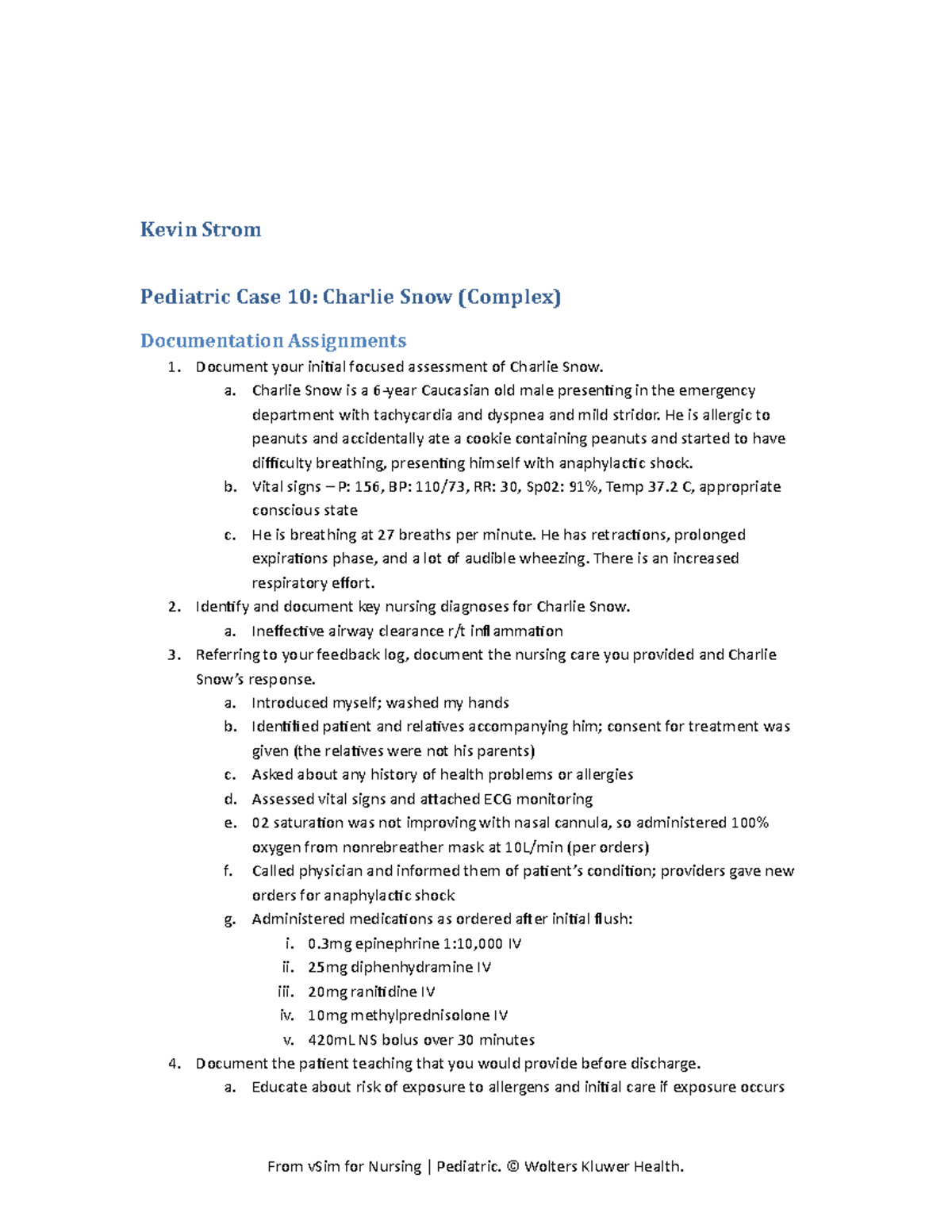 Pediatric Case Study: Anaphylactic Shock of Charlie Snow (VSIM) - Studocu