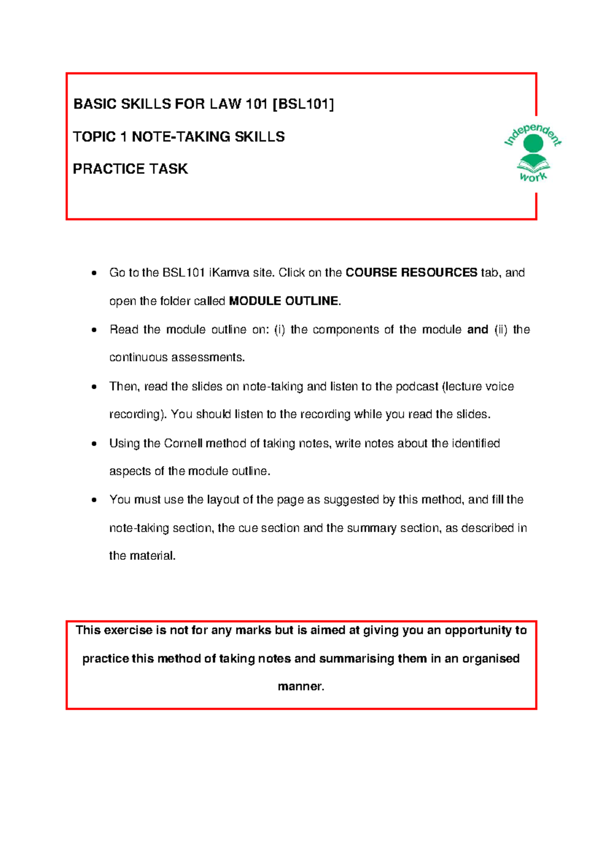 Note-Taking Techniques for Law 101 [BSL101]: Practice Task Guide - Studocu