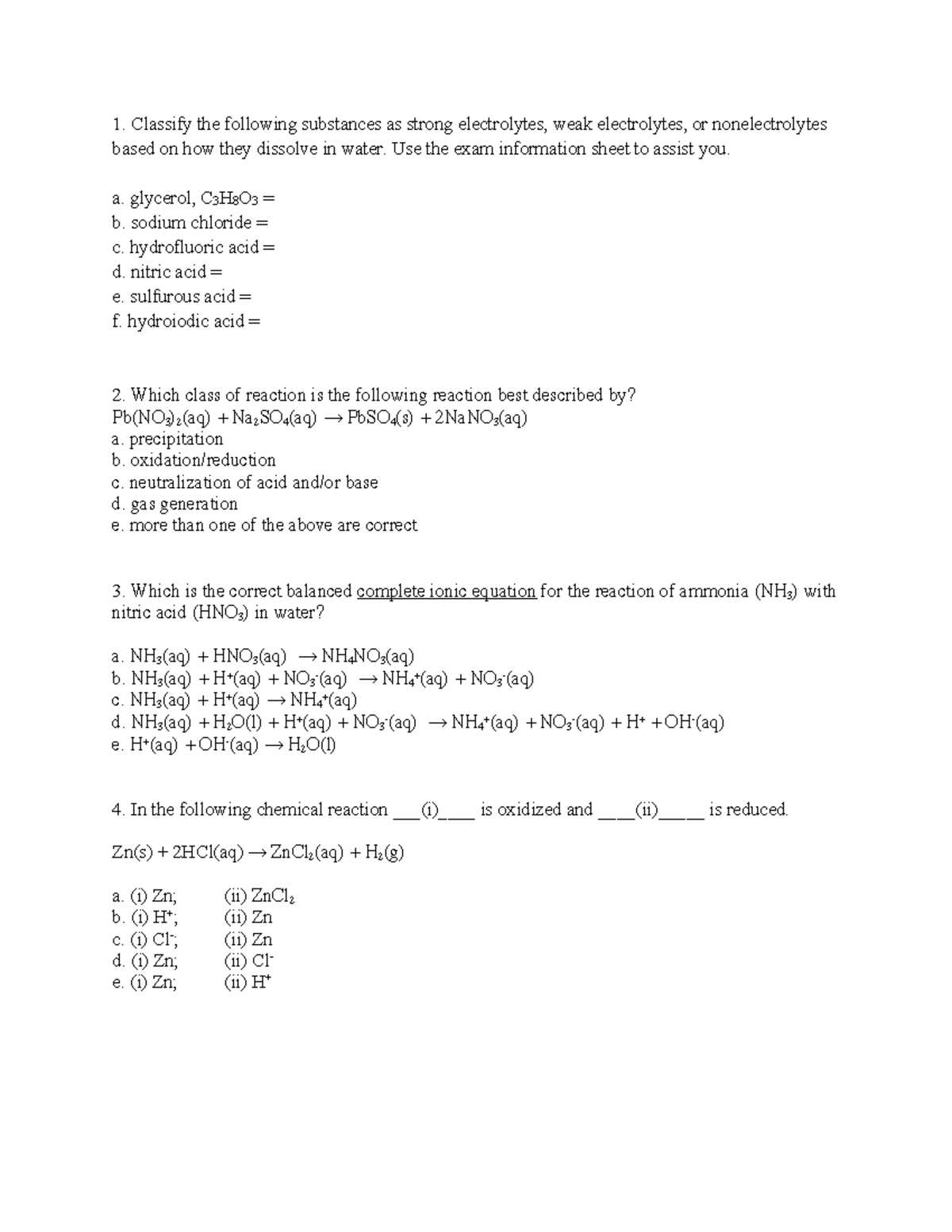 Stoichiometry of Aqueous Reactions: Practice Exam 2 V1 (CHEM 101) - Studocu