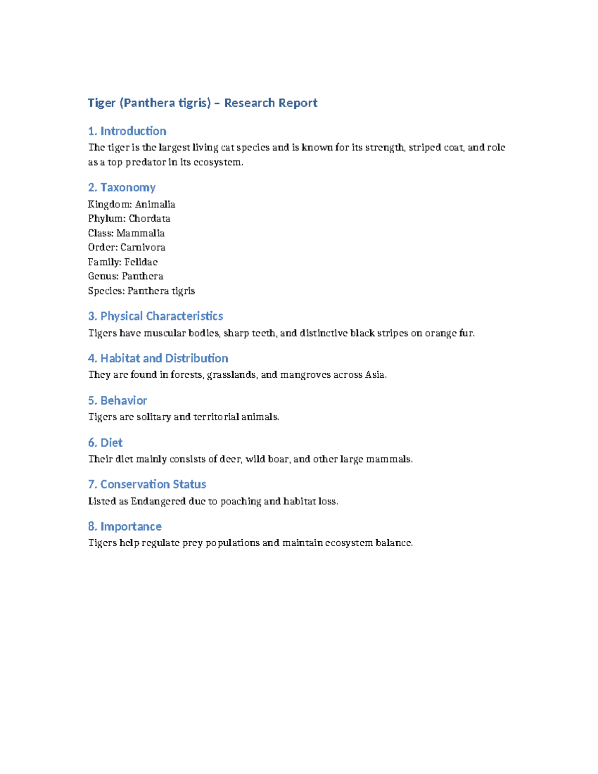 Tiger (Panthera tigris) – Comprehensive Research Report - Studocu