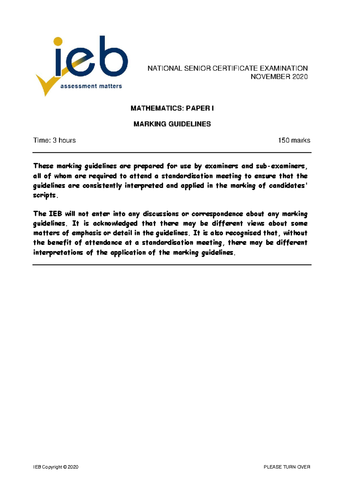 Mathematics P1 Marking Guidelines Memo - November 2020 - Studocu