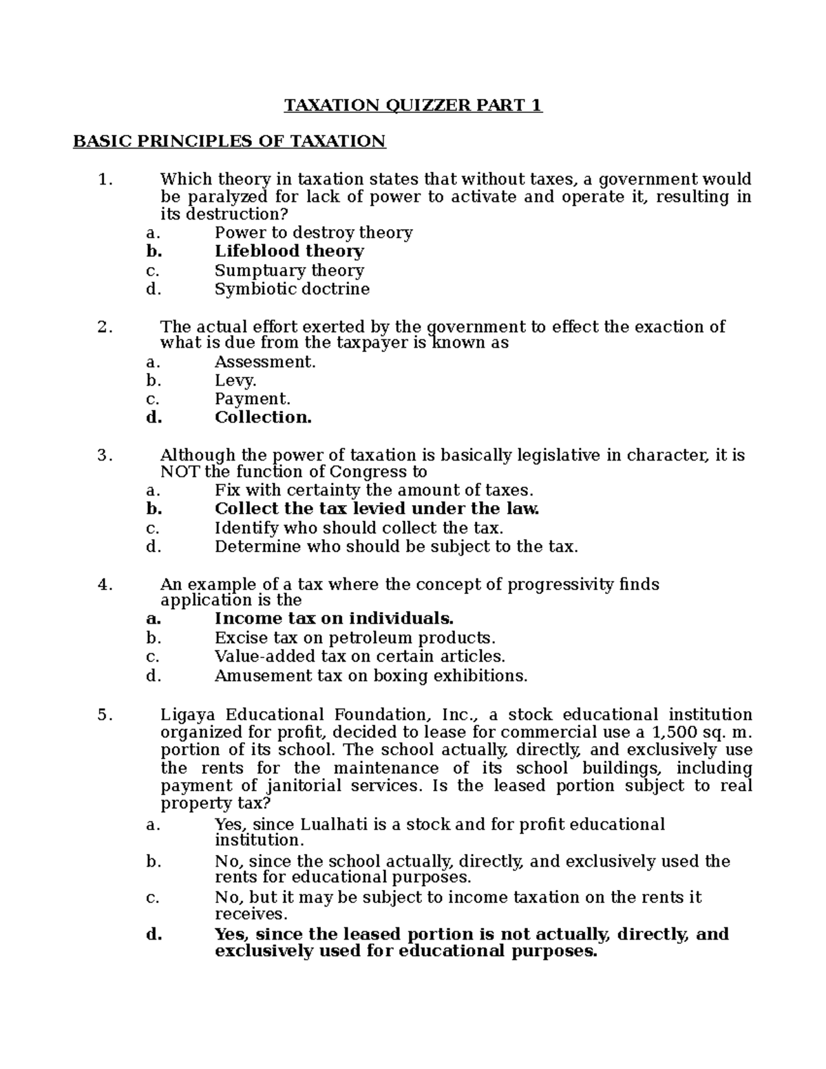Taxation - gsgg - TAXATION QUIZZER PART 1 BASIC PRINCIPLES OF TAXATION Which theory in taxation ...