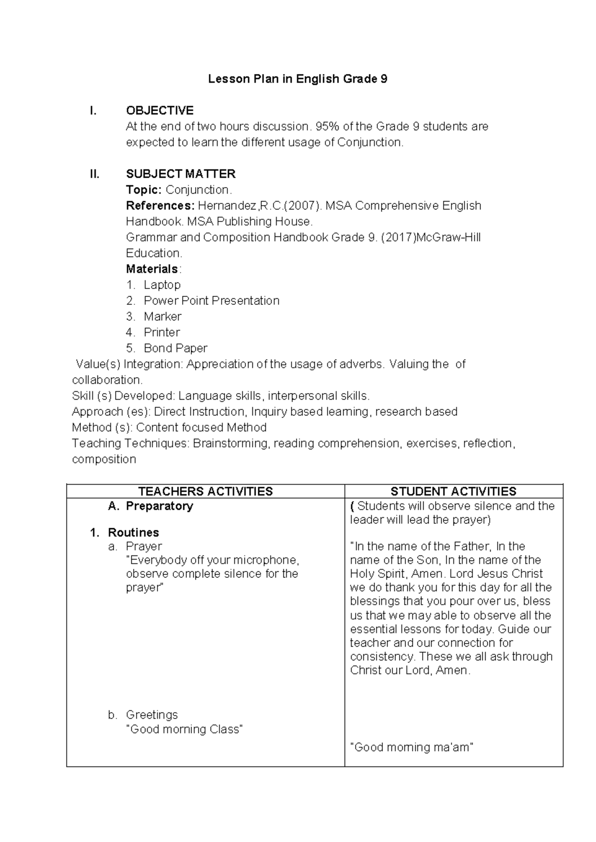 Lesson Plan: Conjunctions for English Grade 9 (LP-Conjunction) - Studocu