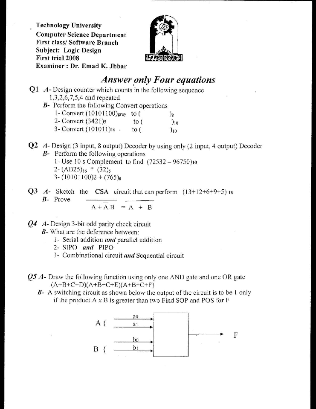 CS 101 - Logic Design Midterm Exam 2008: Key Concepts & Solutions - Studocu