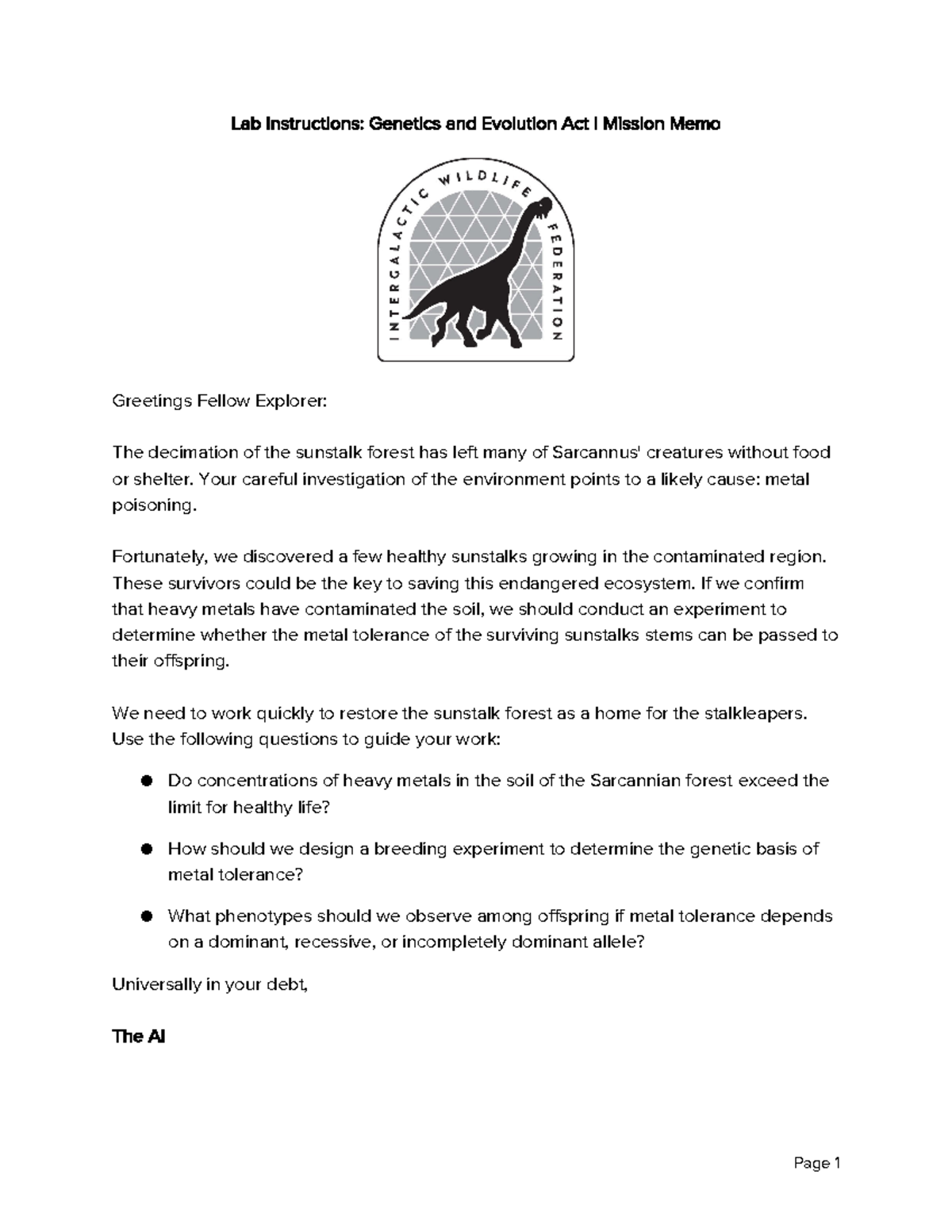 Completed Genetics and Evolution Act I Mission Memo - Lab Instructions ...