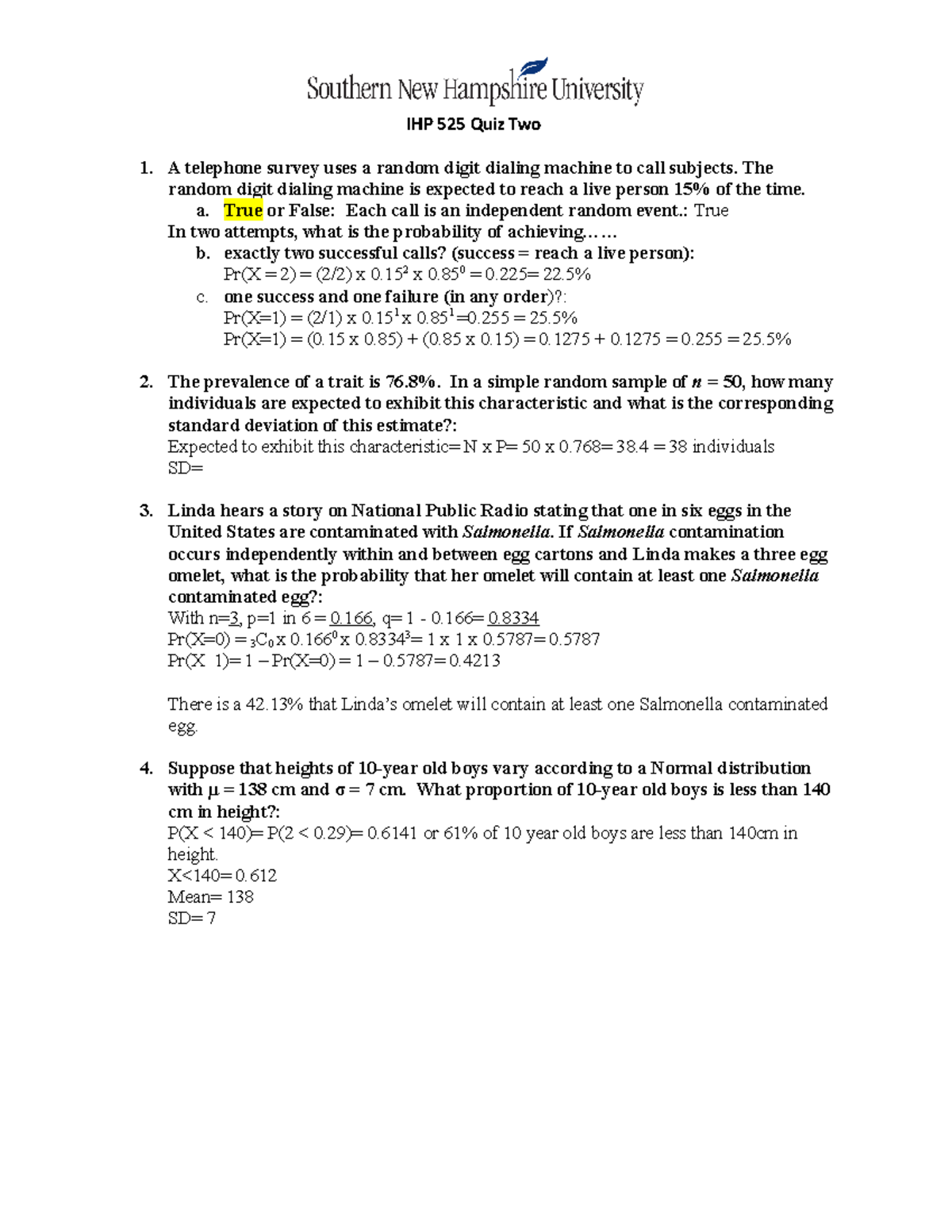 IHP 525 Quiz Two - Biostatistics Questions, Solutions, and Analysis - Studocu