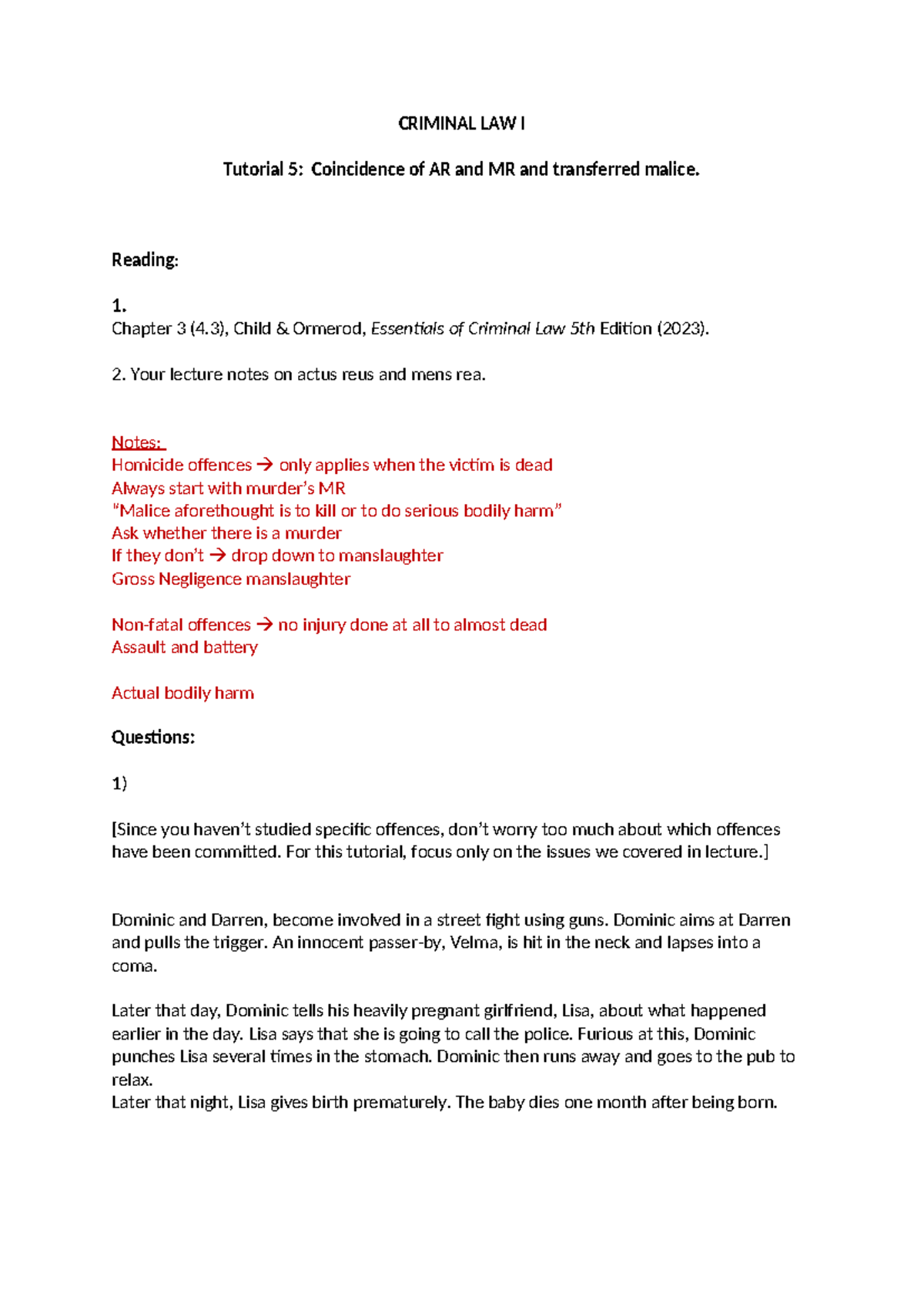 Criminal Law Tutorial 5 Notes - CRIMINAL LAW I Tutorial 5: Coincidence ...