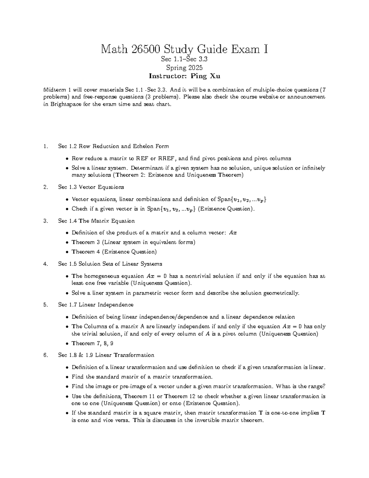 Math 26500 Spring 2025 Study Guide for Midterm Exam I - Studocu