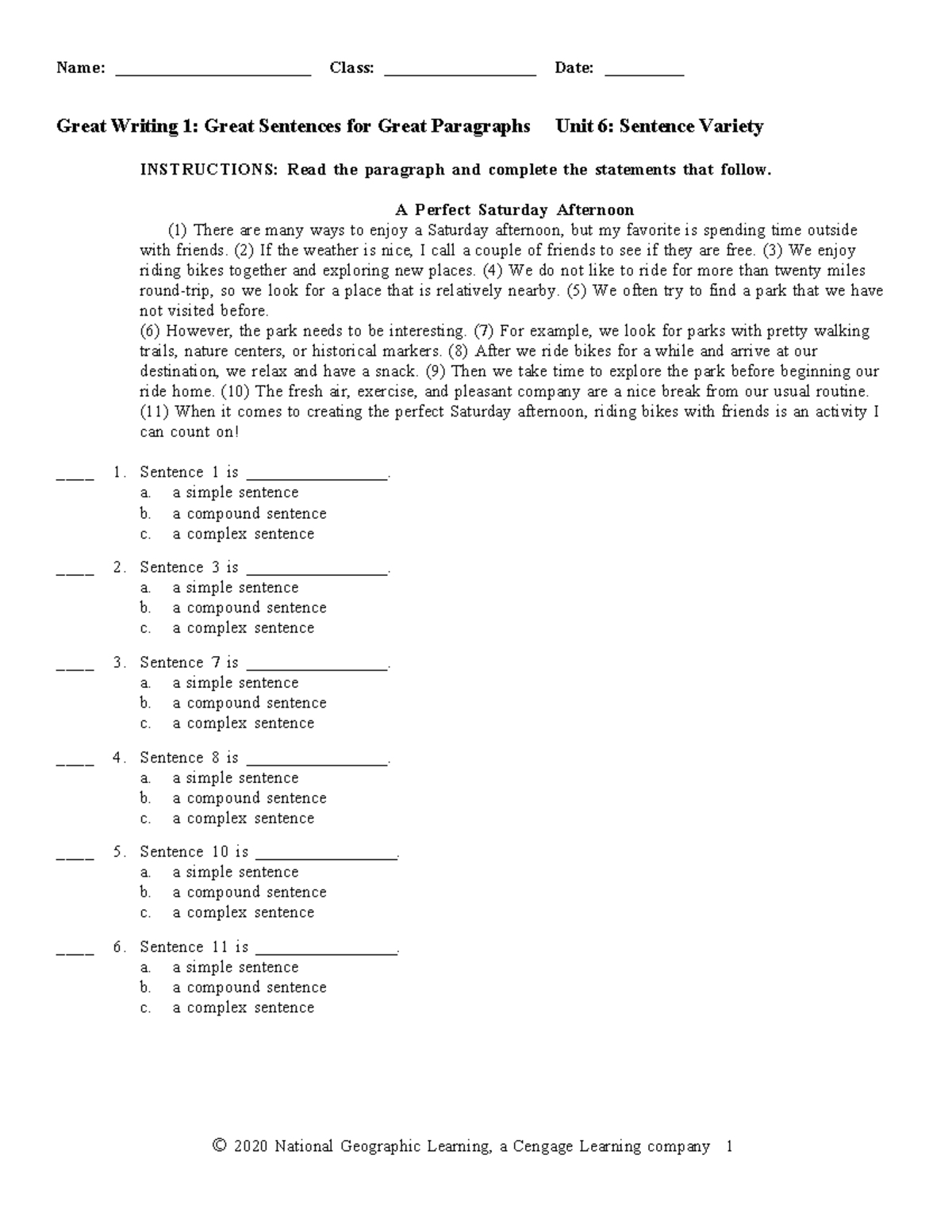 Great Writing 1: Unit 6 Exam on Sentence Variety and Structure - Studocu