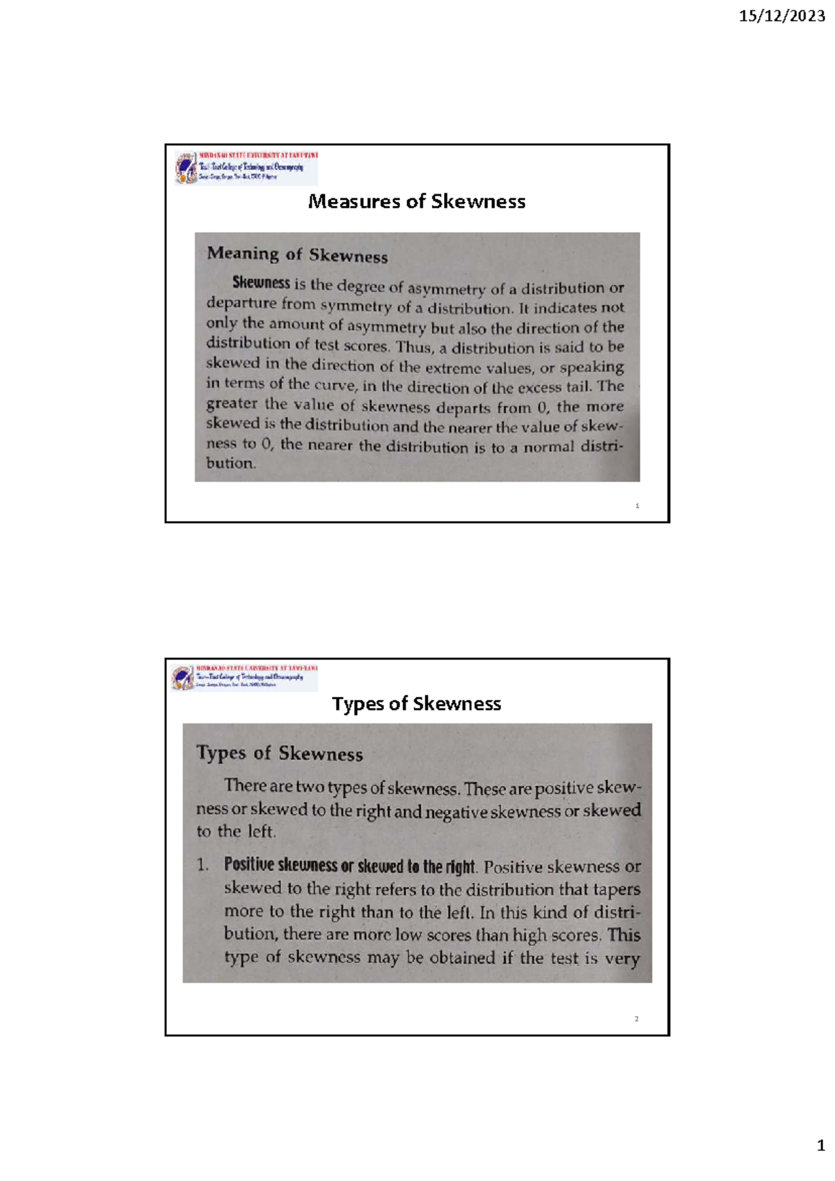 Measures of Skewness Kurtosis - Statistics and Probability - 1 Measures ...