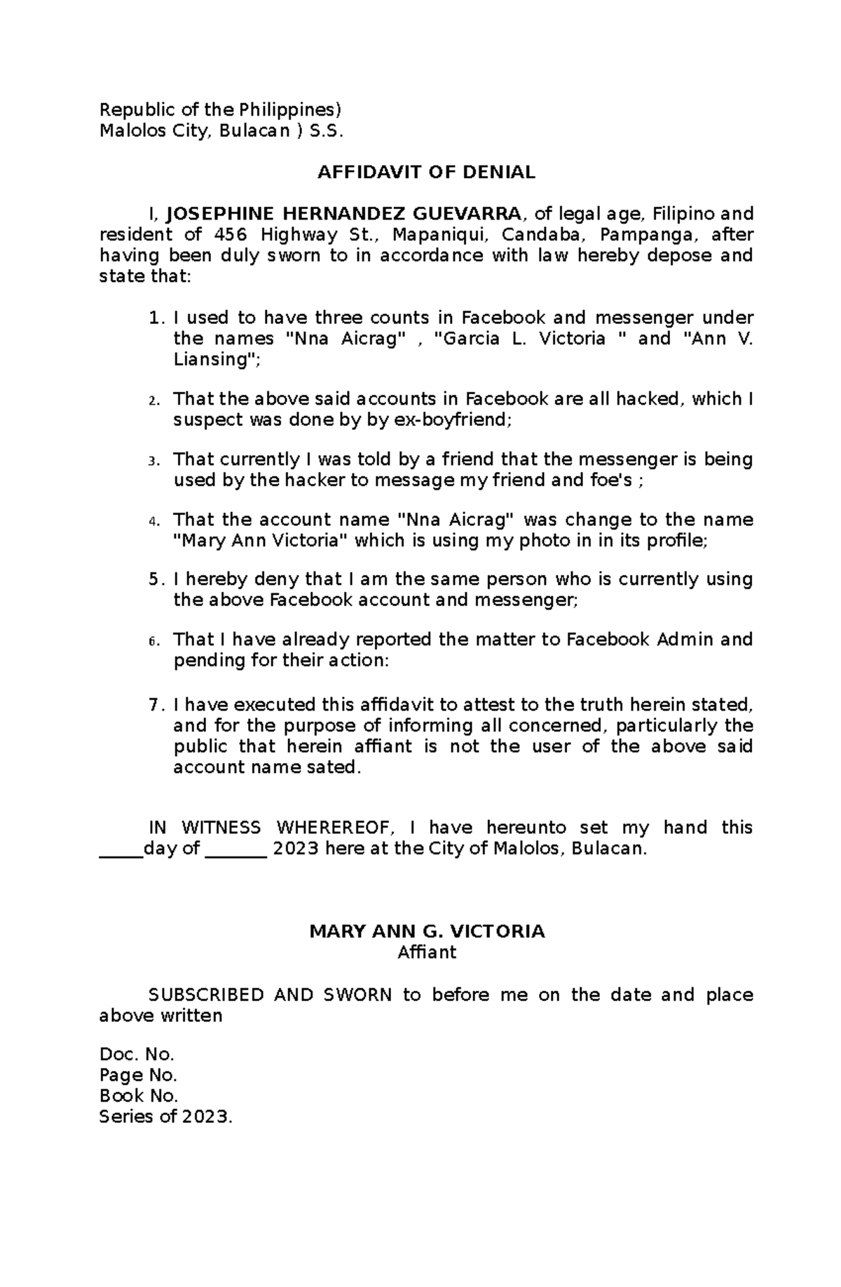 Affidavit of Denial for Hacked Facebook Accounts - FB Acc - Studocu