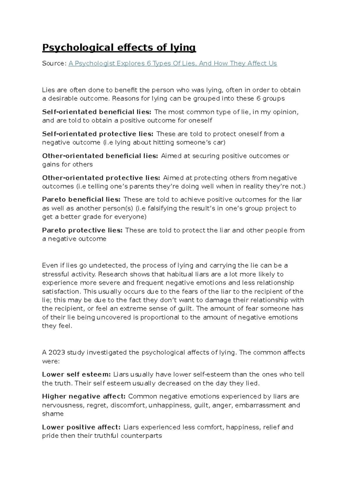 Psychological Effects of Lying: Insights from 2023 Study - Studocu
