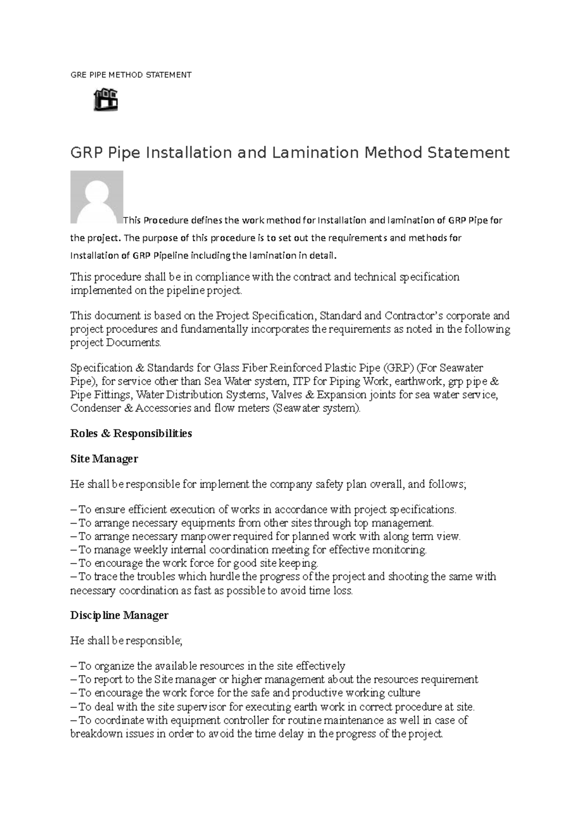 GRP Pipe Installation Method Statement (GRE-PIP-IM-STAT) - Studocu